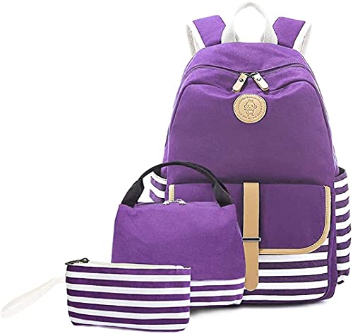 Sugaroom Canvas School Backpack for Girls Teen Laptop Bag Travel Bag Bookbag Daypack with Lunch Box (Purple 3PCS)