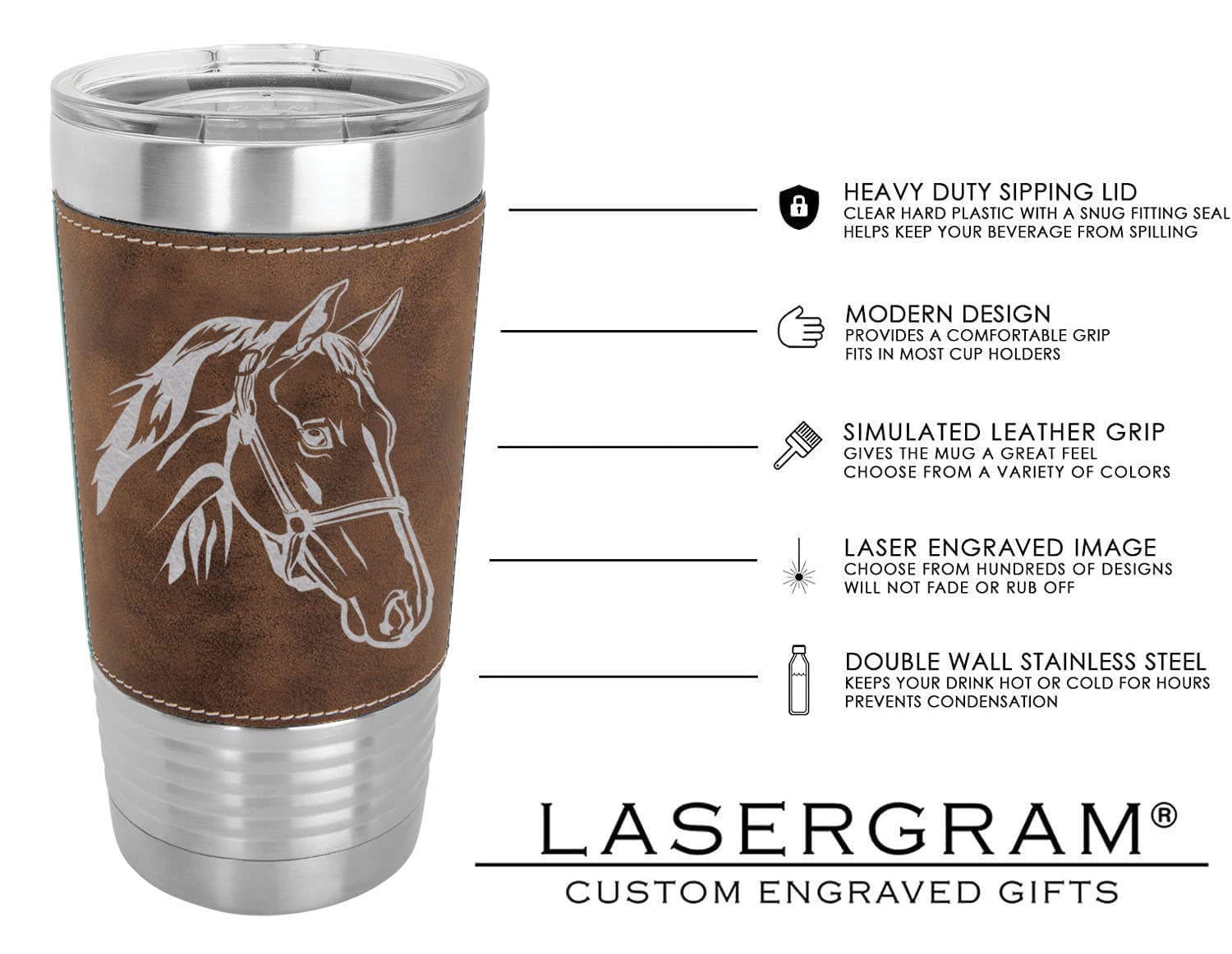 LaserGram 20oz Vacuum Insulated Tumbler Mug, Horse Head 2 (Faux Leather, Rustic)