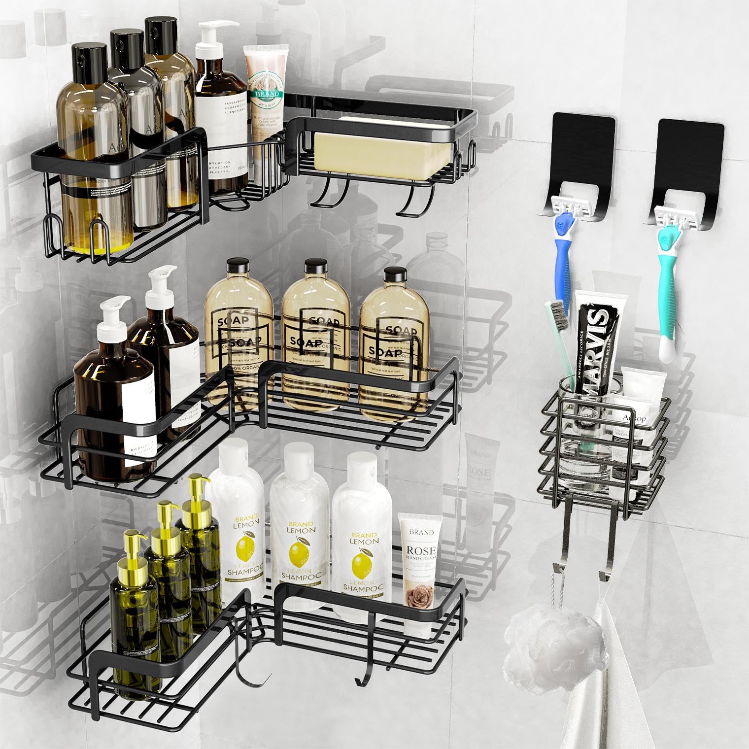 WishJazz Corner Shower Caddy, 6-Pack Adhesive Shower Organizer with Toothbrush Holder, Rustproof Stainless Steel Shower Shelf for Bathroom Storage&Home Decor&Kitchen, Shower Rack for Inside Shower