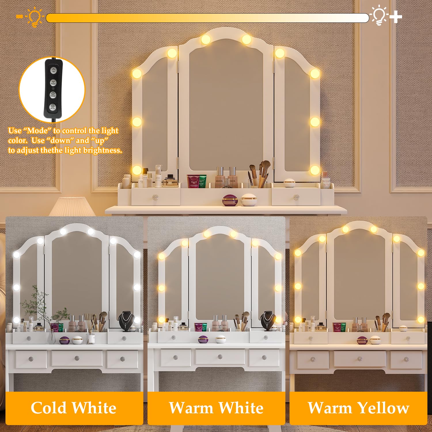 YIXHQ Makeup Vanity with Lights Vanity Desk with Mirror and Lights Makeup Vanity with Drawers Vanity Table with Lights Vanity with Lighted Mirror and Chair
