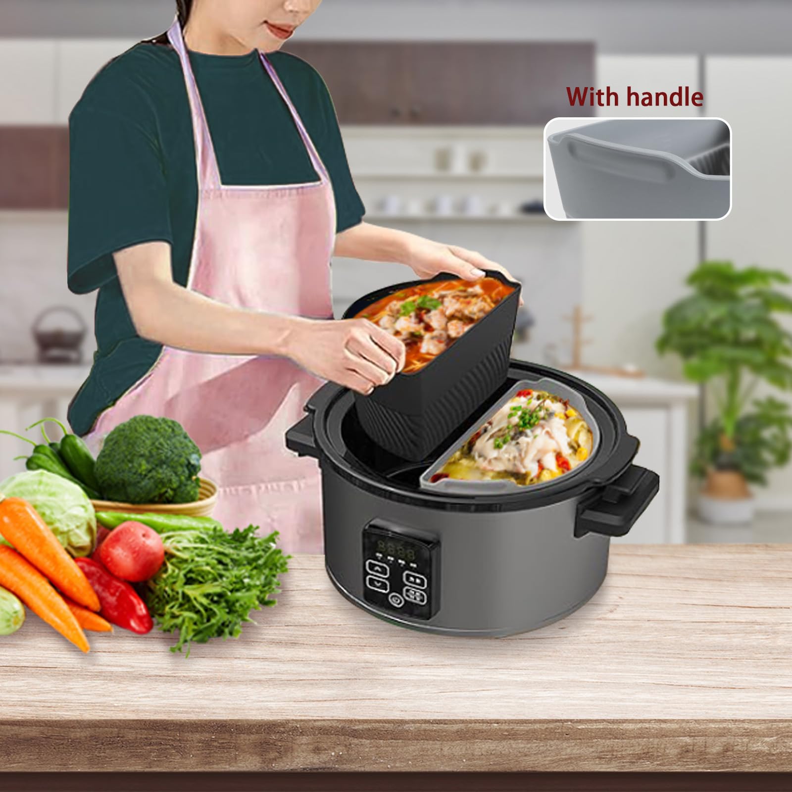 WISRIGHT Silicone Slow Cooker Liners Compatible With Crock Pot 6-8 QT,Slow Cooker Divider Allows Cooking Two Different Meals At Once Time, Reusable Silicone Divider Insert, Dishwasher Safe, BPA Free