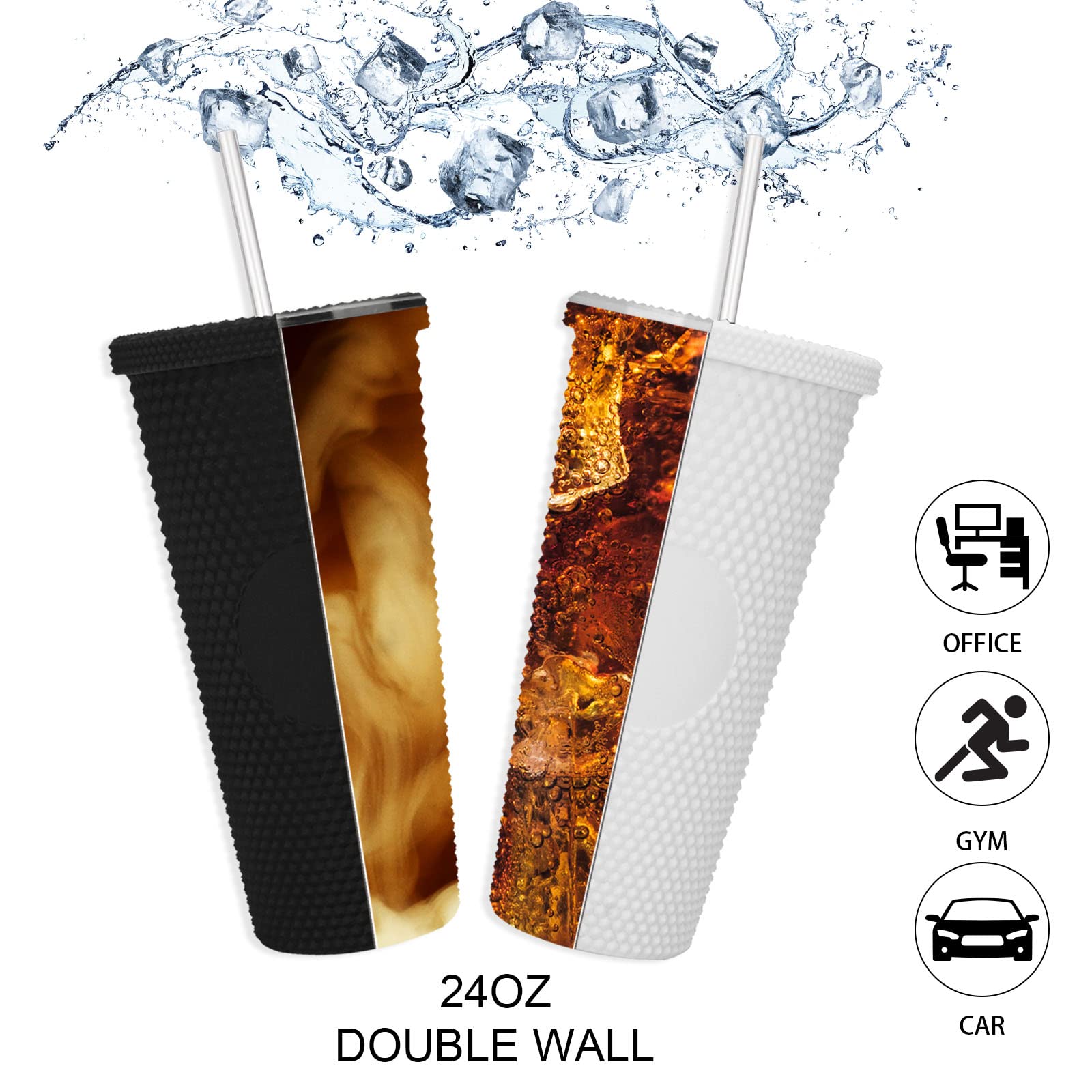 Luxfuel 24 oz DIY Studded Tumbler with Lid and Straw, Reusable Plastic Acrylic Cup,Double Walled Matte Travel Tumbler for Iced Coffee, Cold Water,Smoothie,Wide Mouth,Spill Proof,100% BPA Free,2 Pack