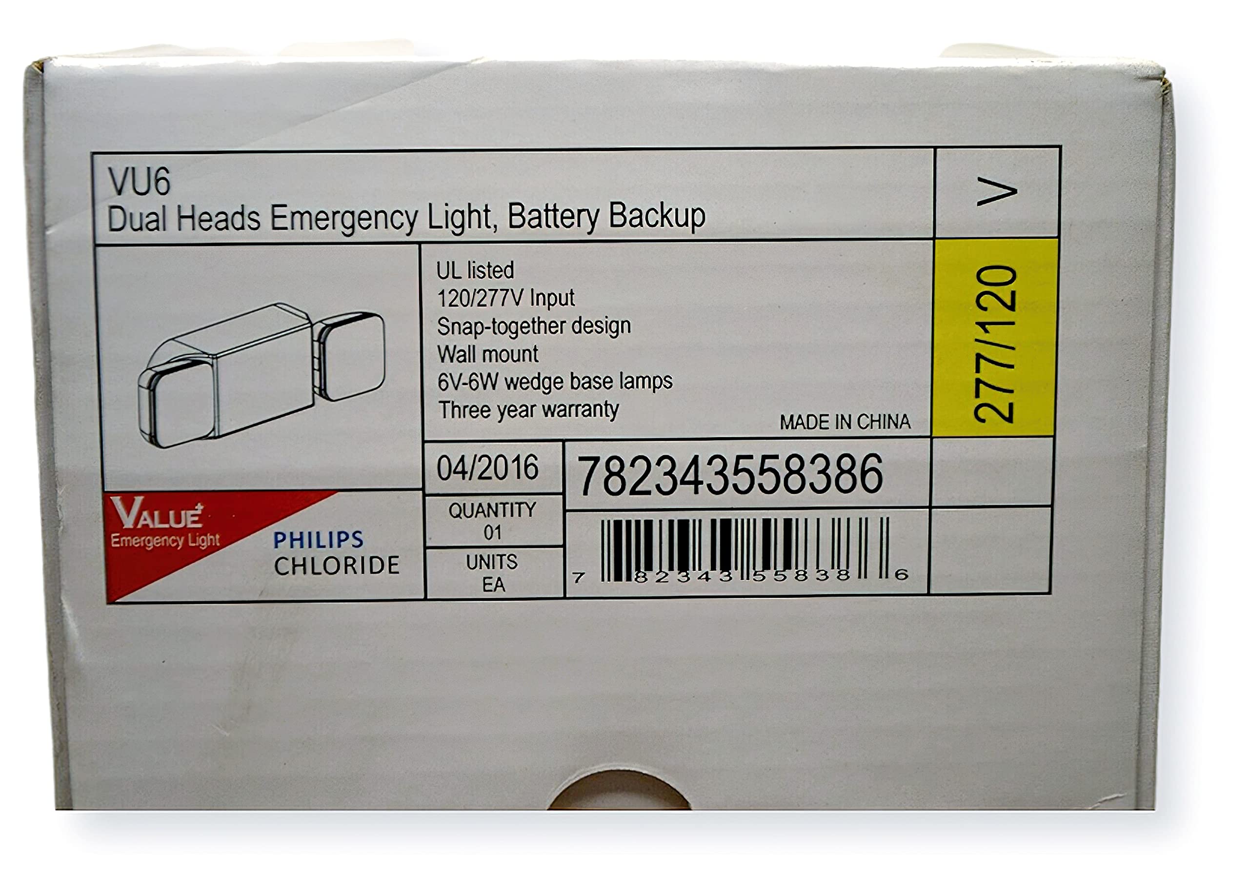PHILIPS VU6 Dual Heads Emergency Light; 6V/6W Wedge Base Lamps; 120/277V Input; Low Voltage Disconnect, AC Lockout, and Surge Protection; Battery Backup; Solid State Circuitry; Test Switch