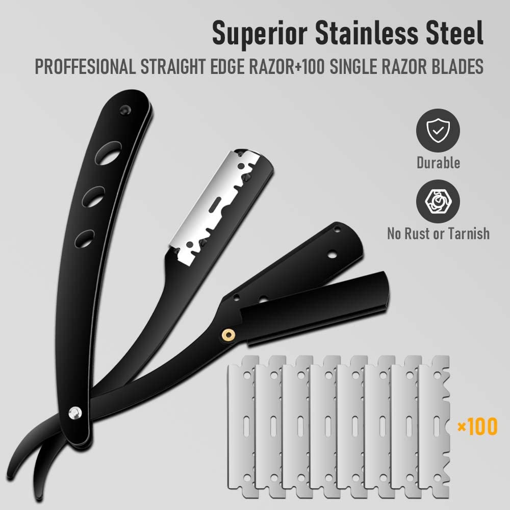 Professional Straight Edge Barber Razor for Men with 100 Single Blades Premium Stainless Steel Shaving Razor for Moustache, Beard Shaper & Trim Side Lines (Black)