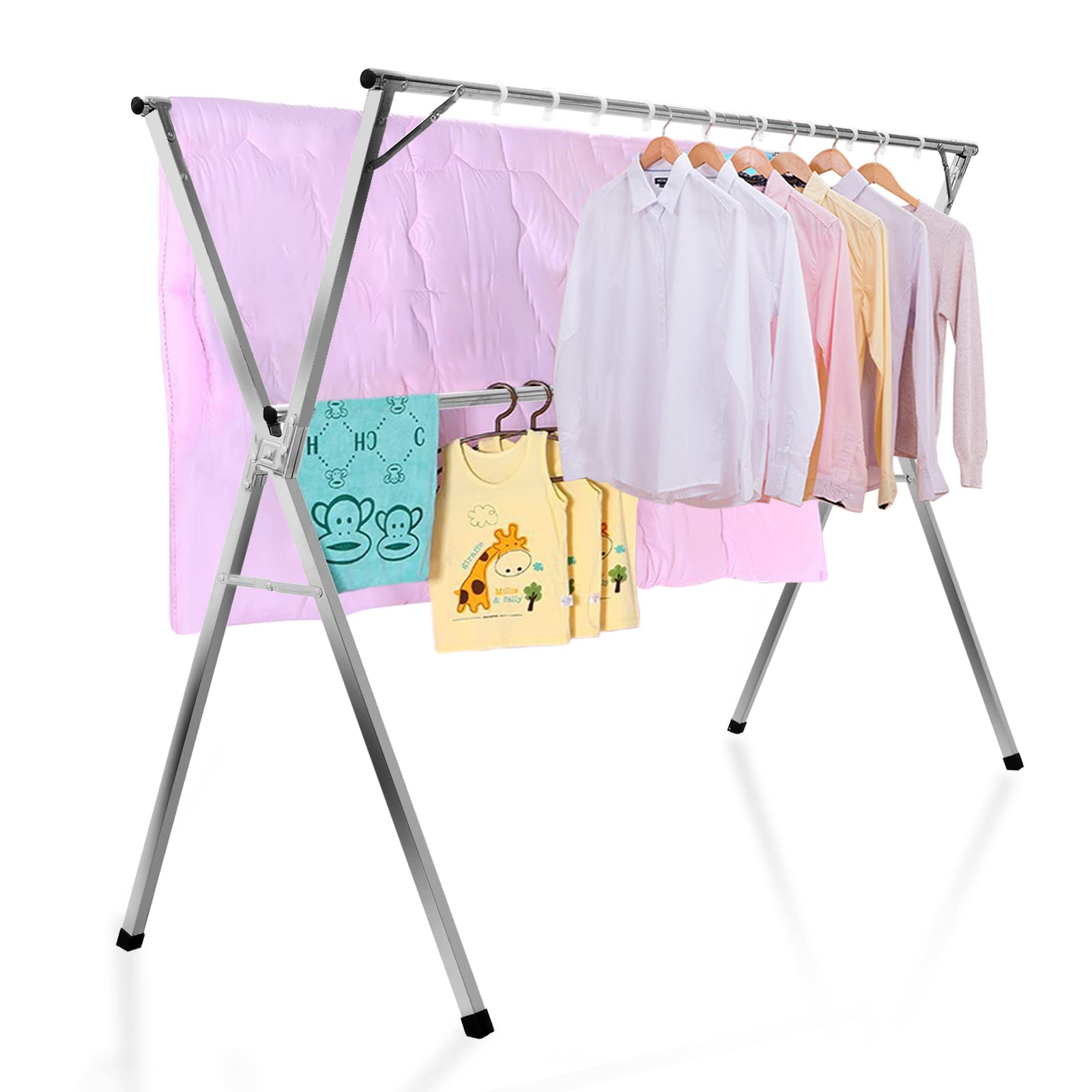 TORIBIO 59 Inch Clothes Drying Rack, Retractable Laundry Drying Rack Folding Indoor Outdoor, Length Adjustable Heavy Duty Stainless Steel Clothing Garment Rack with 20 Windproof Hooks