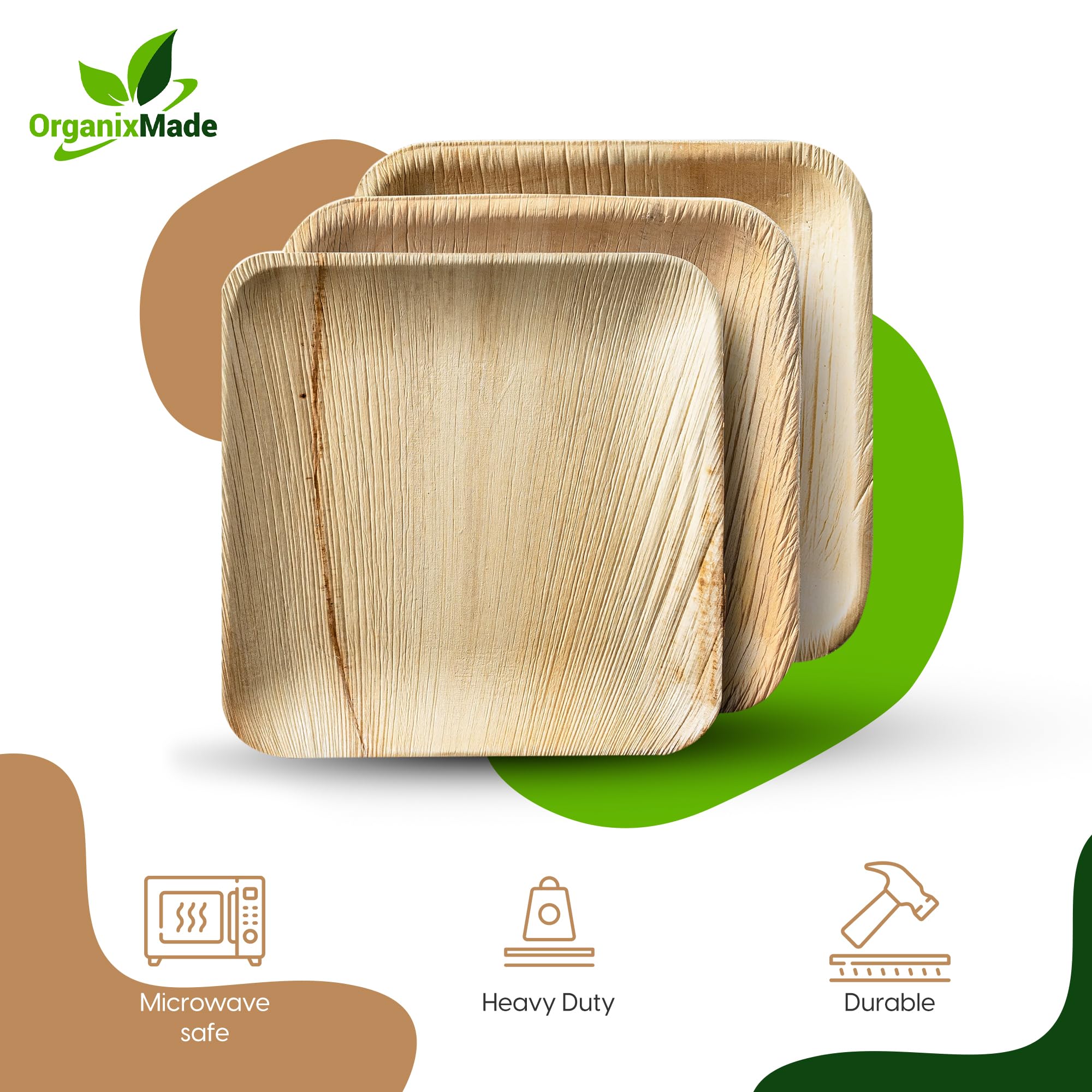 Organix Made - Disposable Palm Leaf Bamboo Plates, 6 Inch Square (50 Plates) - Appetizer and Dessert Dinnerware Plates - Biodegradable, Compostable, & Eco-Friendly Plates - Light & Sturdy