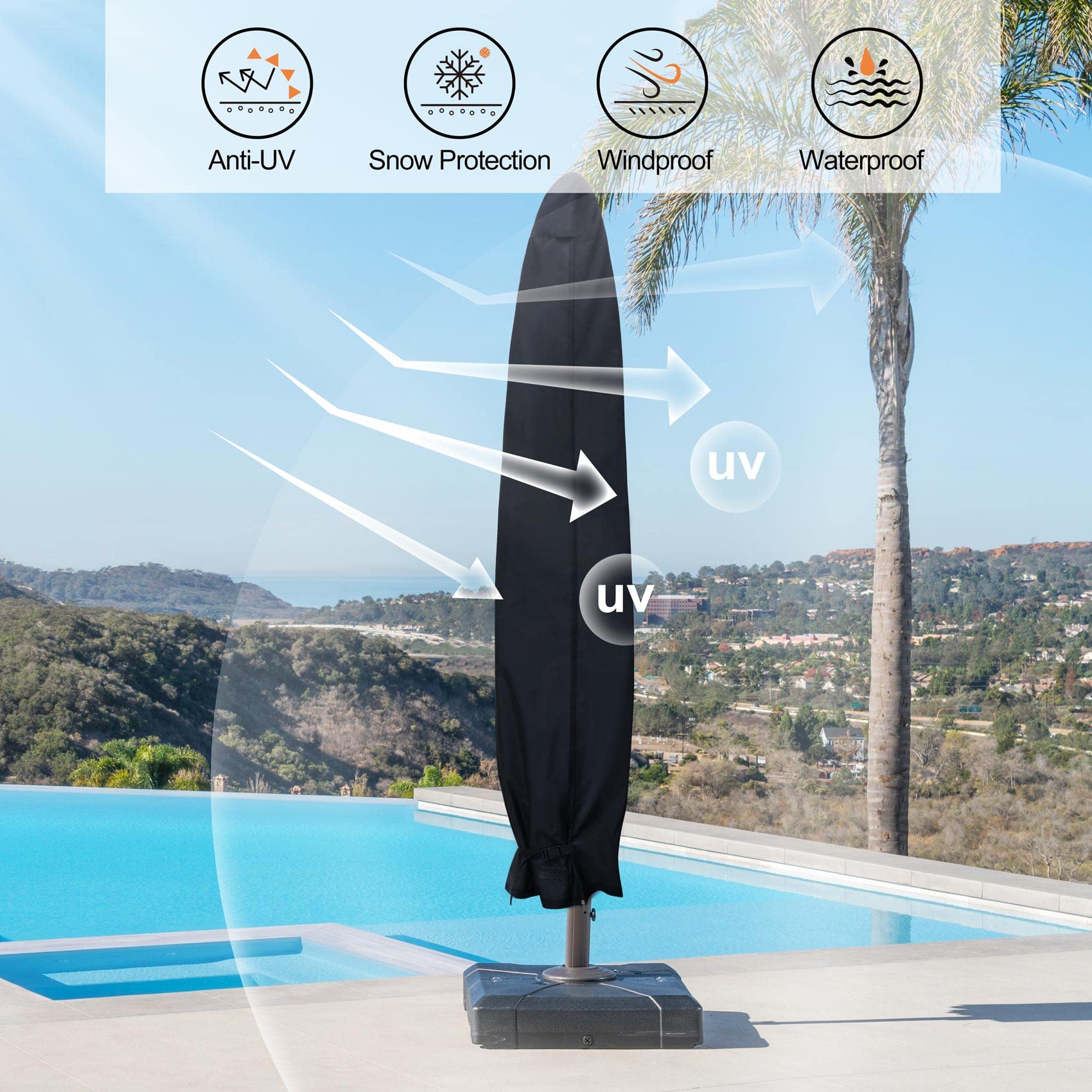 NettyPro Umbrella Cover for 6ft to 9ft Patio Umbrellas, Waterproof and Durable Market Umbrella Parasol Cover with Zipper and Rod, Black