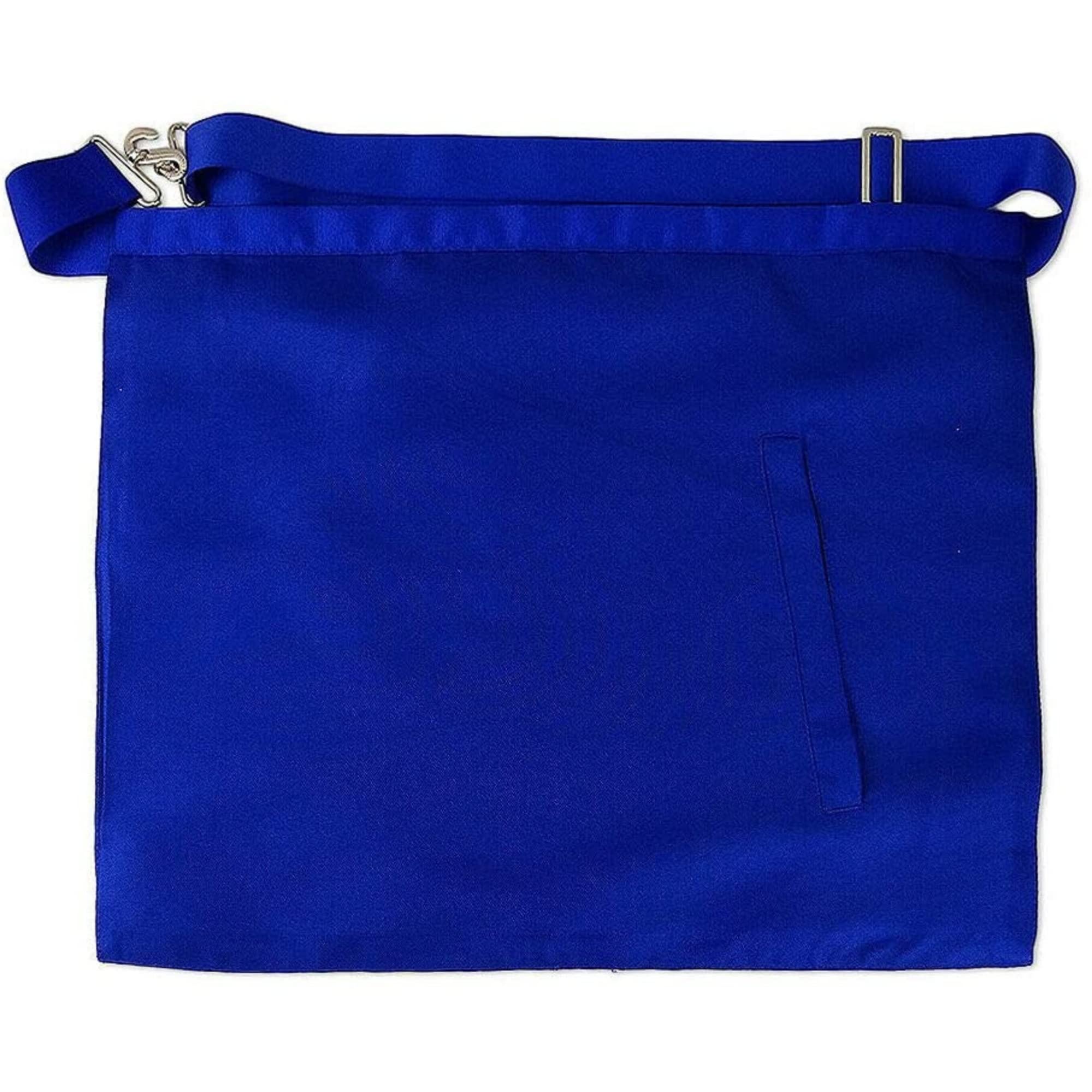 Masonic Master Mason Blue Lodge Apron Machine Embroidered Faux Leather Adjustable Metal Clip Belt Snake Hooks with Square & Compass Blue Grosgrain Ribbon- Size 14 x 16 inches, Blue/White