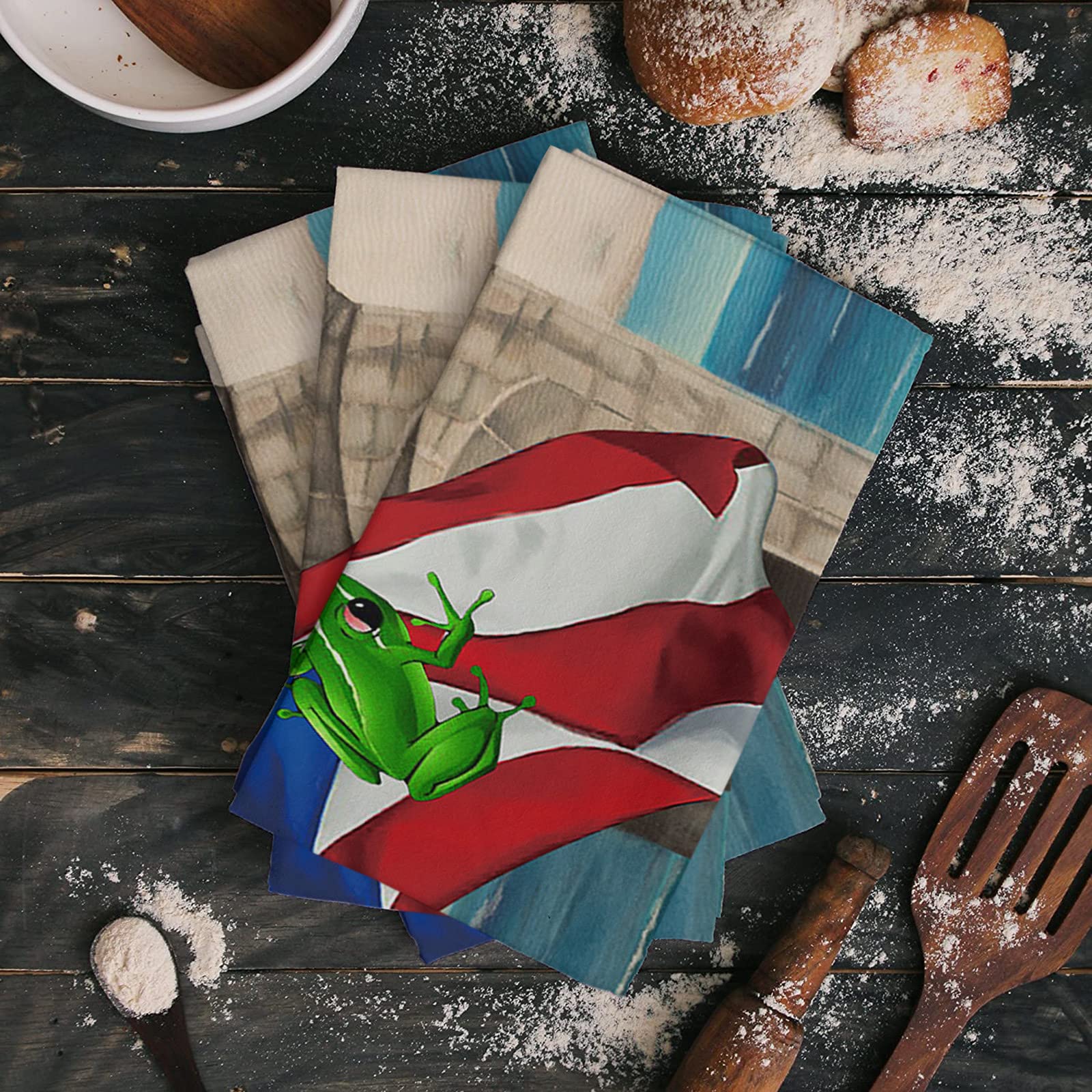 Kitchen Dish Towels 2 Pack-Super Absorbent Soft Microfiber,Puerto Rico Flag Frog Ocean Beach Cleaning Dishcloth Hand Towels Tea Towels for Kitchen Bathroom Bar