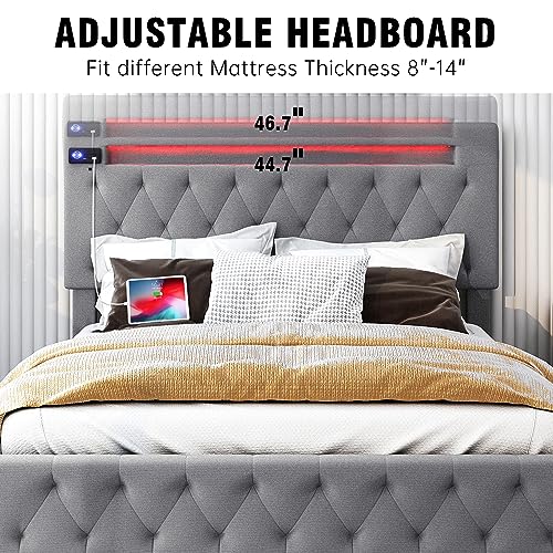 Ucloveria Queen Bed Frame with Bluetooth Audio & Charging Station & LED Lights, Upholstered Platform Bed with Button Tufted Adjustable Headboard, Hydraulic Storage, No Box Spring Needed, Gray