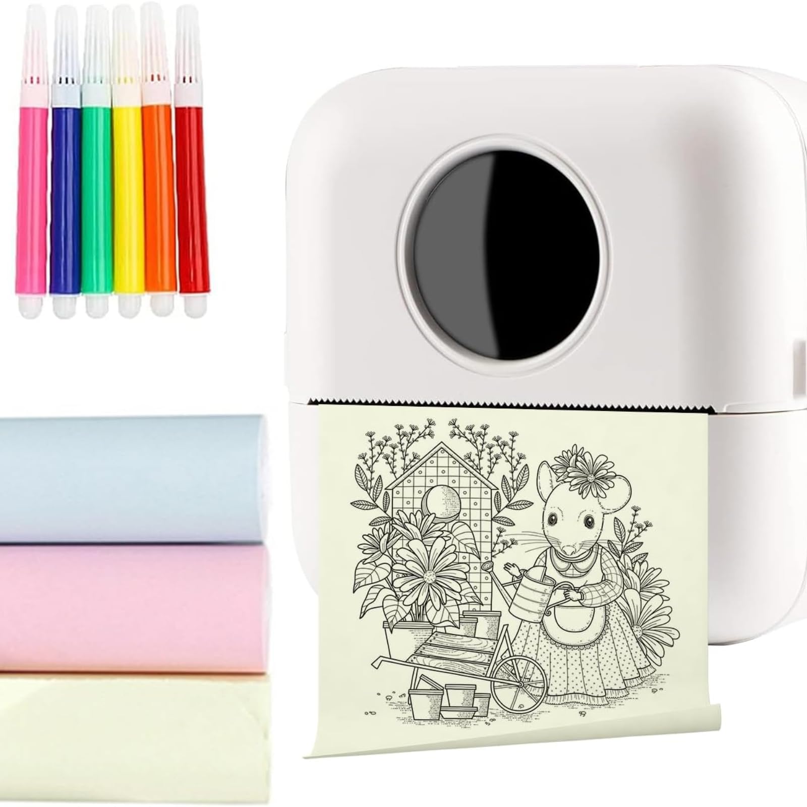 ZITREOXN Mini Sticker Printer - Portable Bluetooth Thermal Printer with 3 Roll of Paper + 6 Colour Pencils, Pocket Phone Printer, Easy to Use - for Diaries, Memos, Photos
