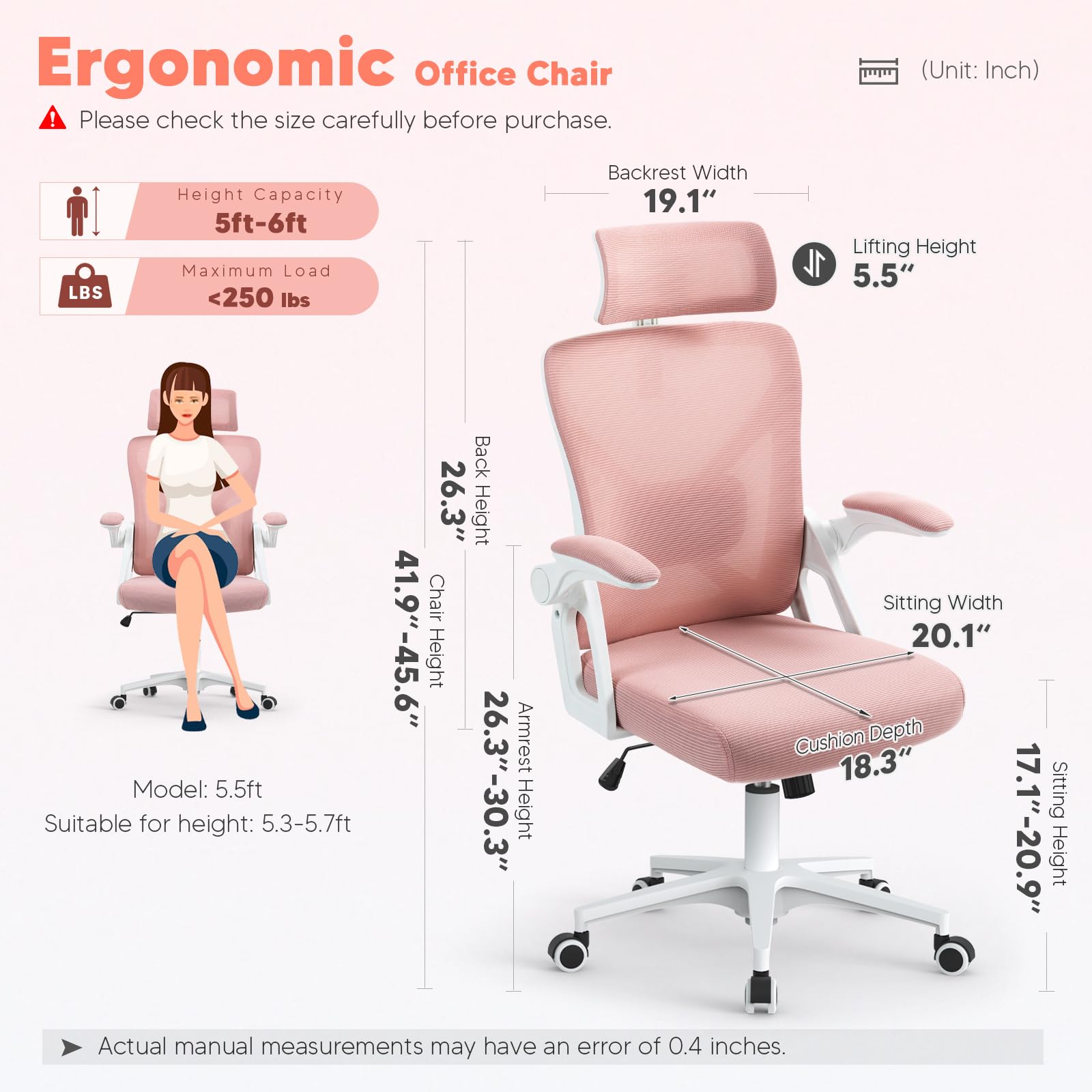 SEATZONE Ergonomic Office Chair Mesh Back Support Desk Chairs with Wheels and Flip-up Arms, Comfortable Computer Chair Lumbar Support for Teens and Adults, Dusty Pink