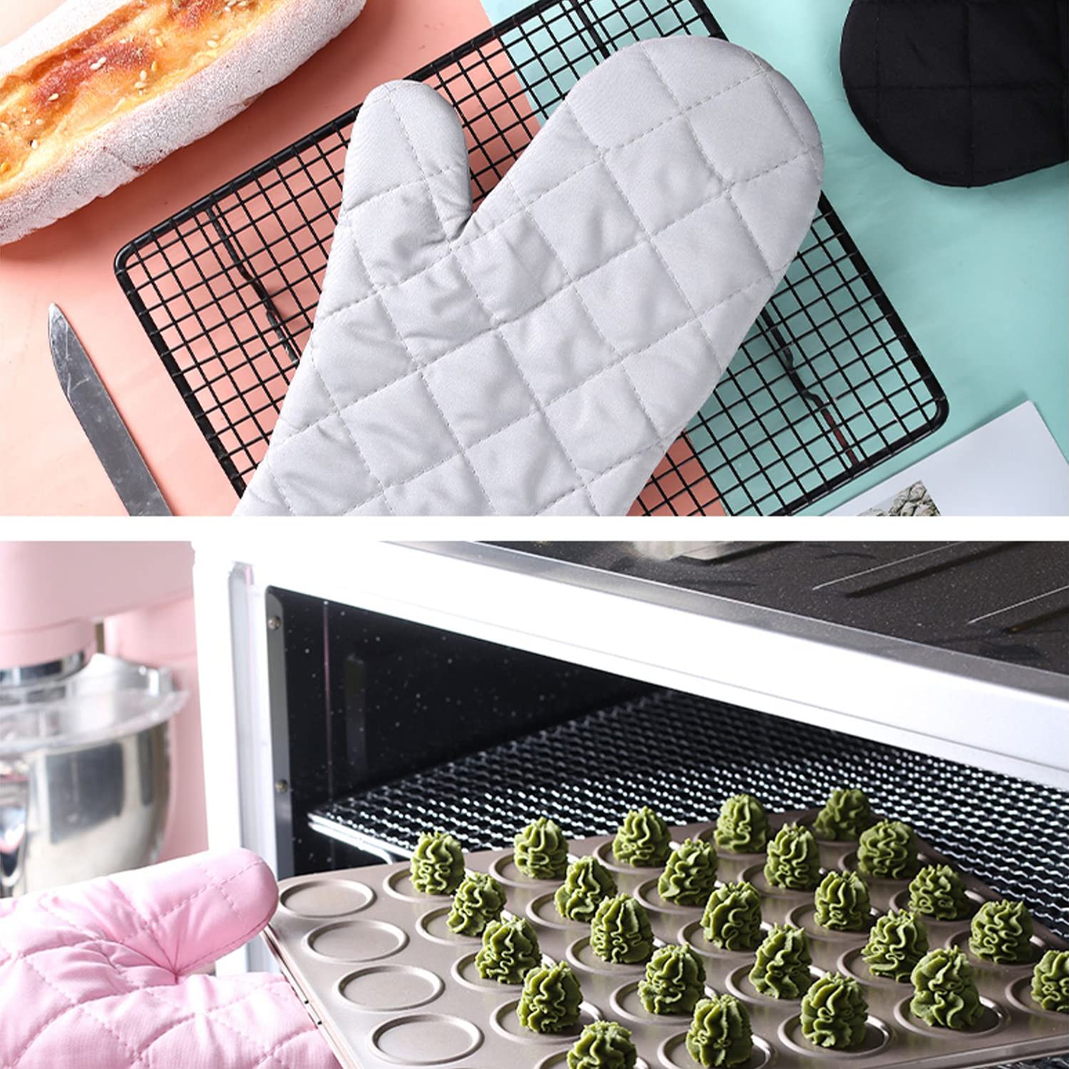 Kitchen Oven Mitts Heat Resistant Gloves Cotton Premium Non-Slip (Pink)