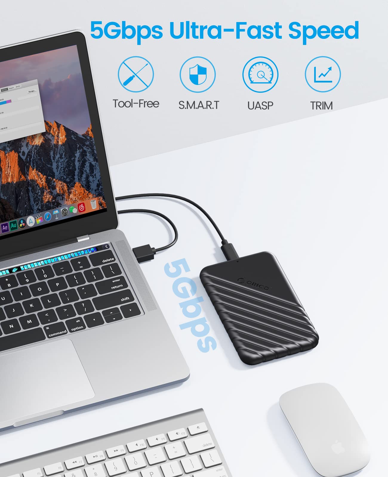 ORICO 2.5 inch USB C Hard Drive Enclosure USB 3.1 Gen 1 to SATA III External Hard Drive Case for SSD HDD 9.5 7mm Tool-Free with UASP, Black (25PW1-C3)
