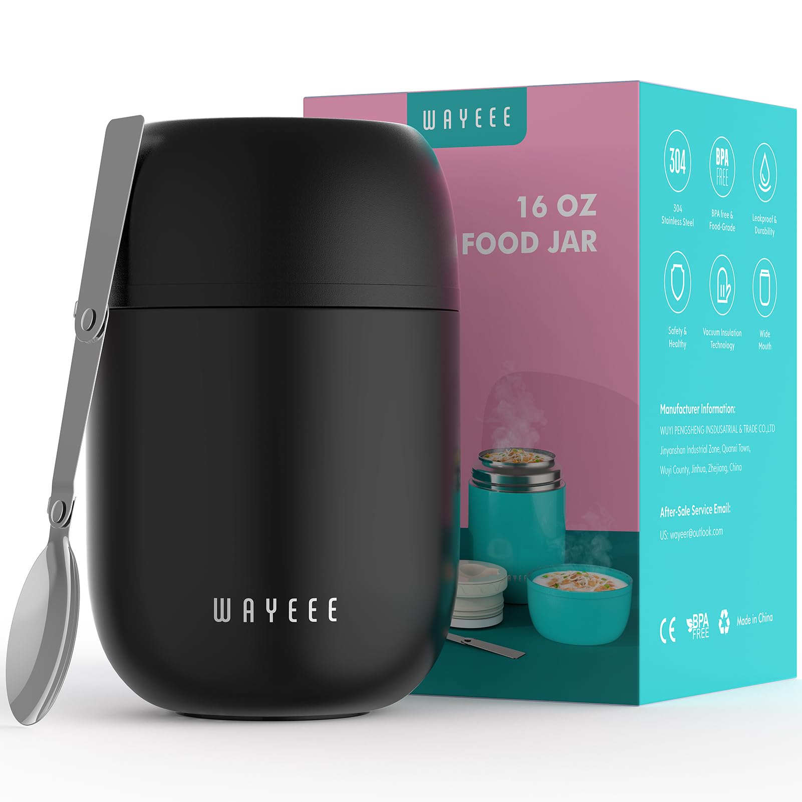WayEee Food Containers for Hot Food Insulated Food Jar, Vacuum Bento Box Lunch Containers 16 oz for Kids Adults, Airtight Stainless Steel Soup Containers with Spoon, for School, Travel, Picnic - Black