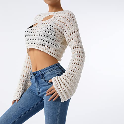 Women Hollow Out Crochet Knit Crop Tops Color Block Long Sleeve Square Neck Fall Sweaters Tops