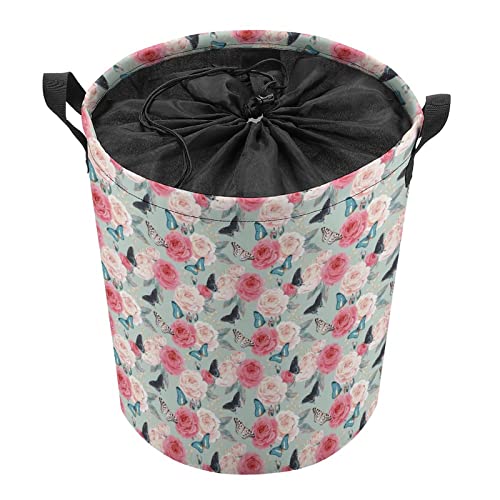 Roses and Butterfly Laundry Basket Round Collapsible Storage Bin with Drawstring and Handle for Bedroom Bathroom Toys Room 17.3" X 13.8"