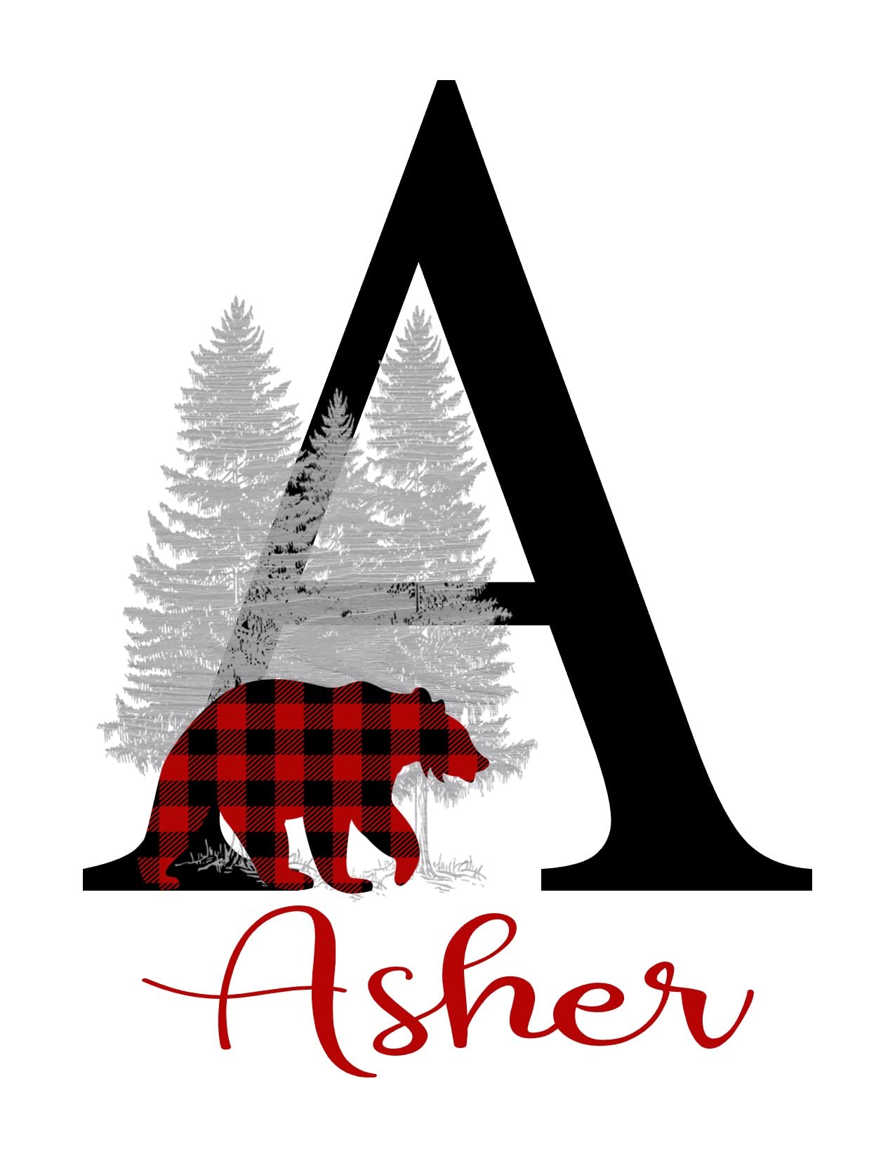Personalized Woodland Bear Buffalo Plaid Baby Boy Nursery Decor Unframed Print - Baby Name Letter Initial Monogram