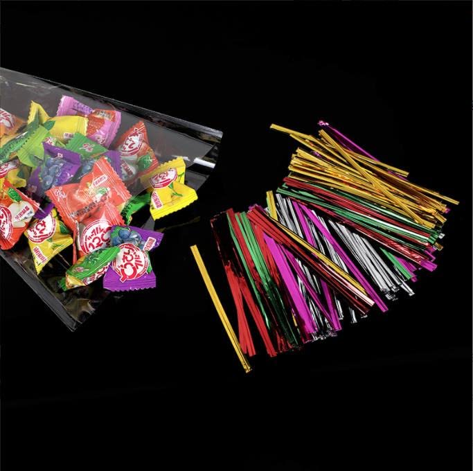 TIMIGGBY 100 Pieces Cone Bag Clear Cone Shaped Treat Bags Cellophane Triangle Bags with 100 PCS Twist Ties Colourful (5.1x9.8 inch)