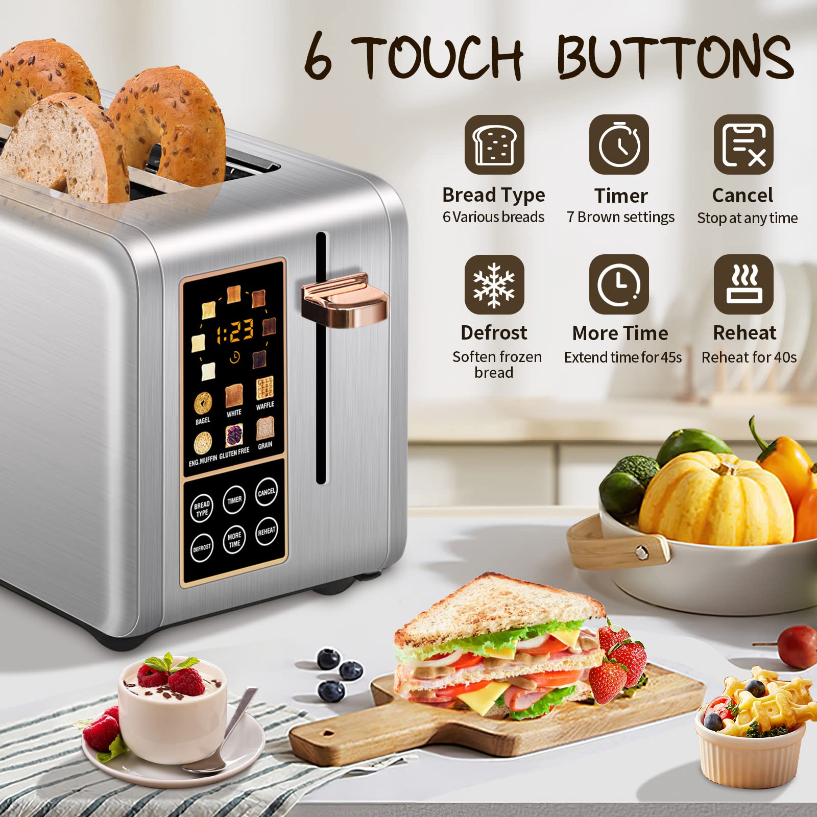 SEEDEEM Toaster 4 Slice, Long Slot Toaster with LCD Display Touch Buttons, 7 Shade Settings, 6 Bread Selection, Stainless Steel Toaster for Bagel, Removable Crumb Tray, 1400W, Silver Metallic