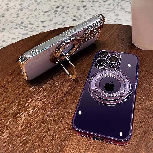 Uioeua Compatible with iPhone 14 Pro Max Magnetic Clear Kickstand Case,Luxury Plating Transparent Bracket MagSafe Case with Full Camera Lens Protector for iPhone 14 Pro Max-Sky Blue