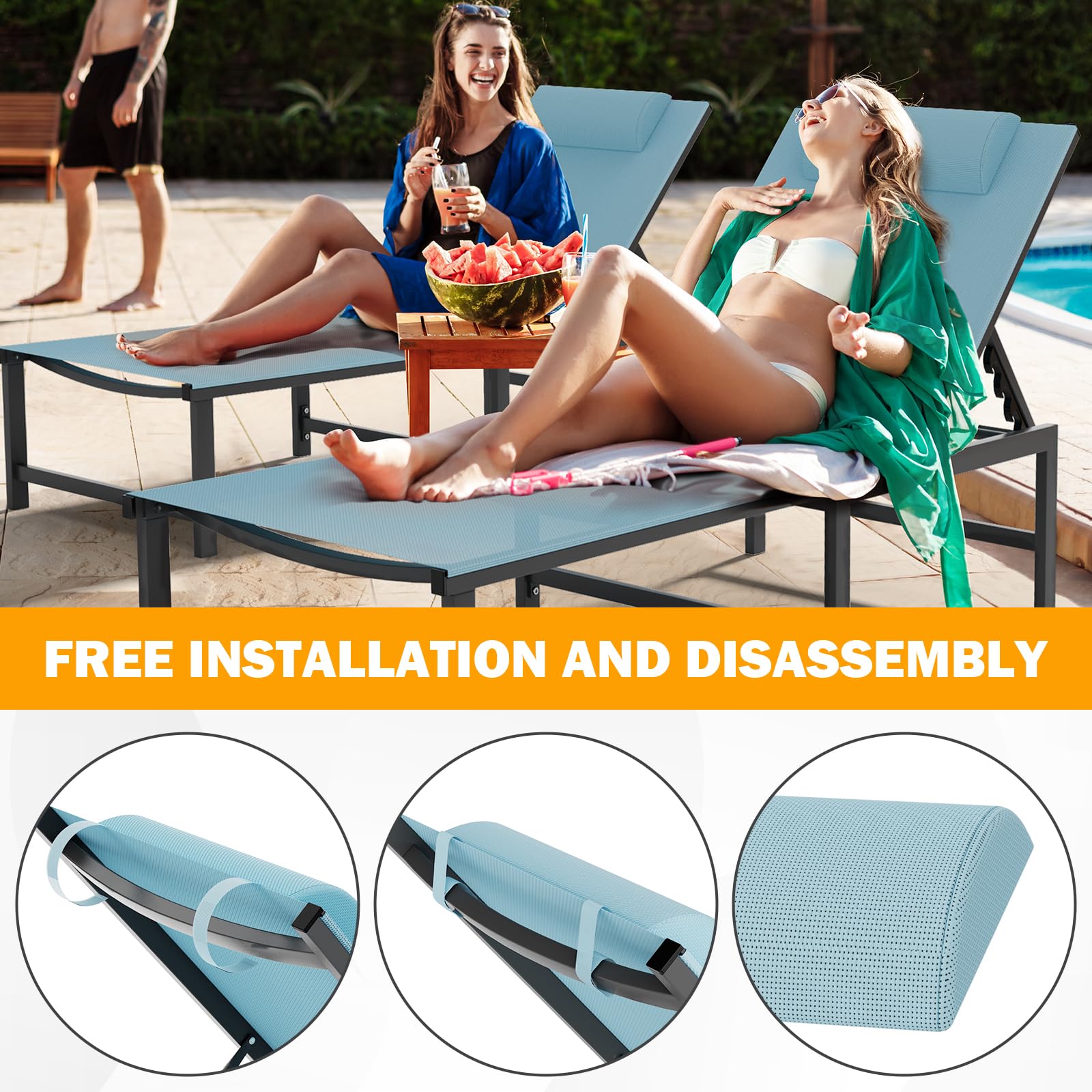 WOAJNQO Chaise Lounge Chair Outdoor,Aluminum Patio Lounge Chairs,Lounge Chairs with 5 Adjustable Backrest and Headrest Pillows for Outside Beach,Blue