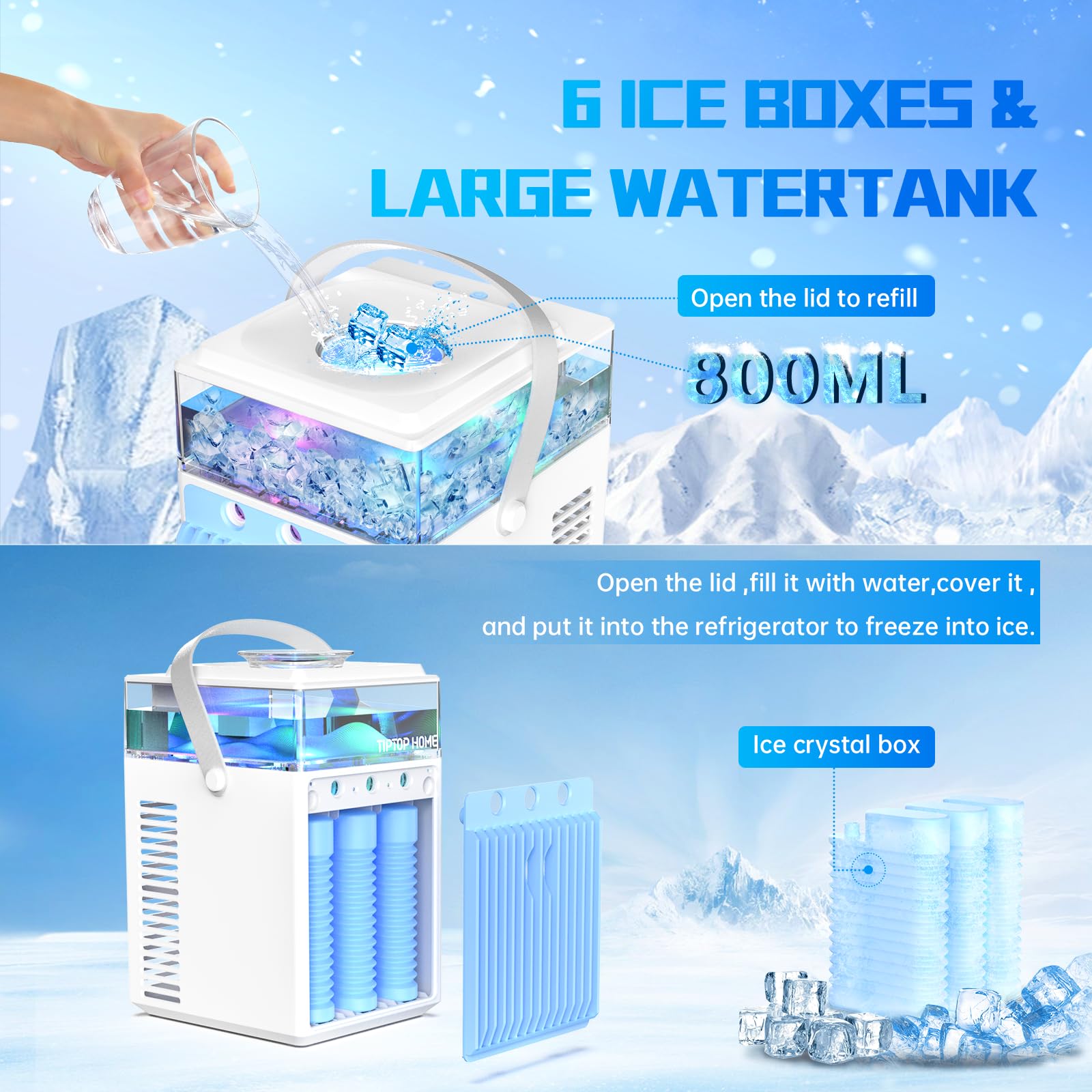 Portable Air Conditioners,4 in 1 Rechargeable Evaporative Personal Air Cooler APP Remote Control Humidifier with 6 Ice Boxes, 3 Speeds Mini AC with LED, Air Conditioner Desktop Cooling Fan for Bedroom