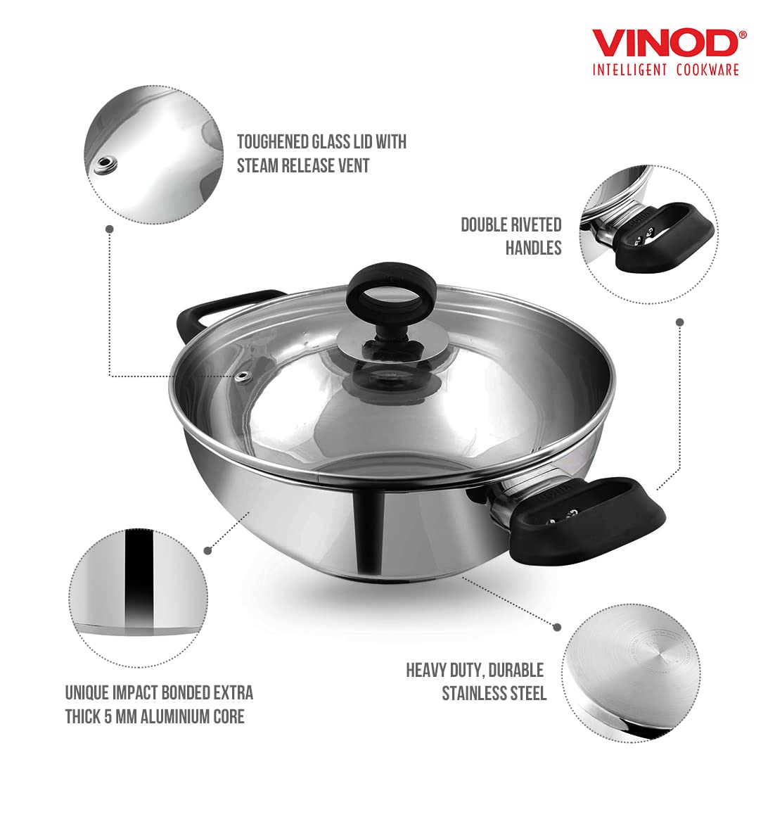 Vinod Stainless Steel Kadhai | Deluxe Wok With Glass Lid | Induction Friendly | Sandwich Bottom | 18cm Capacity | 1.6 Liters | Small-Size | Multi-Use Pot | Suitable For Indian Cooking, Gravy, Stews