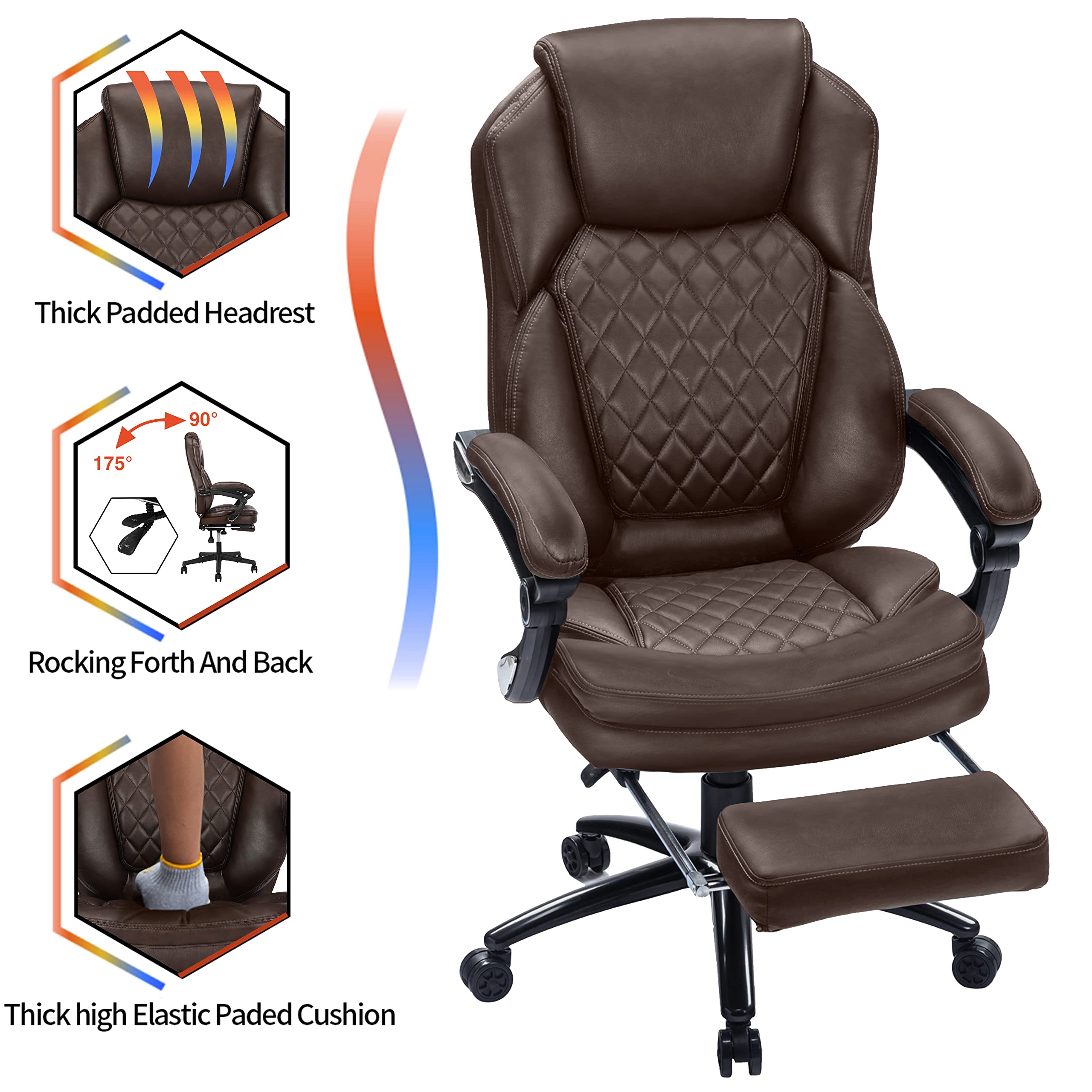 Kasorix Executive Office Chair with Auto Linked Armrests Home Office Chair Brown Big and Tall Office Chair Rolling Swivel PU Leather Chair 400 Pound