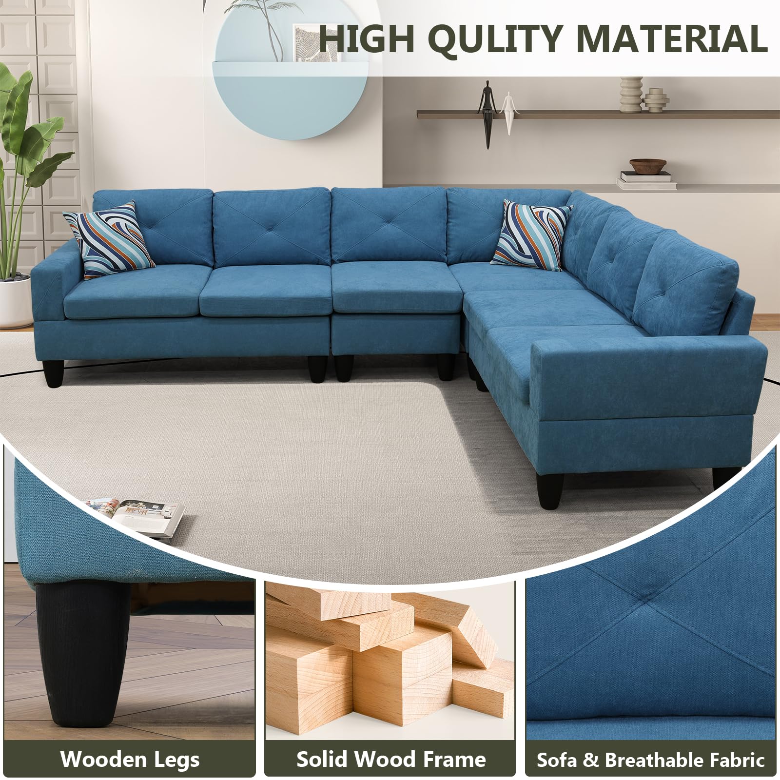 Rovibek L Shaped Sectional Sofa Couch U Shaped Couches for Living Room 6-Seater Corner Sofa Furniture Sets, Blue