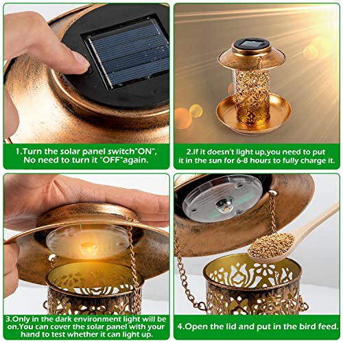 OLIKER Solar Bird Feeder Decorative Metal Panels Hanging Bird House with Light for Feeding Wild Bird Feeder Outdoors Hanging Gift for Bird Lovers Outdoor Garden Backyard Decoration