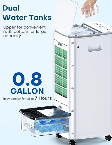 TEMEIKE 3-IN-1 Evaporative Air Cooler, Swamp Cooler Air Conditioner Portable for 1 Room w/Remote, 3 Speeds & 2 Modes, 70° Oscillation & 7H Timer, Windowless Evaporative Cooler for Indoor Office Home