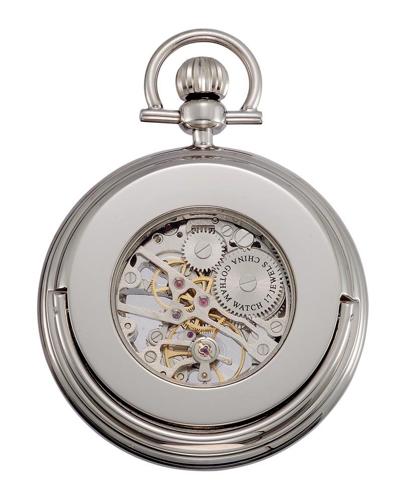 Gotham Men's Silver-Tone 17 Jewel Exhibition Mechanical Pocket Watch with Built-in Stand # GWC14055S