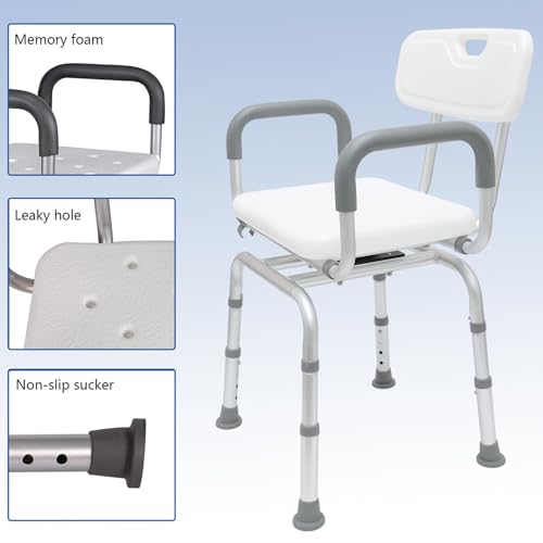 PETKABOO 360 Degree Shower Chair Swivel,Portable Seat with Armrests and Back, Adjustable Height Seat for Bathtub (White1)