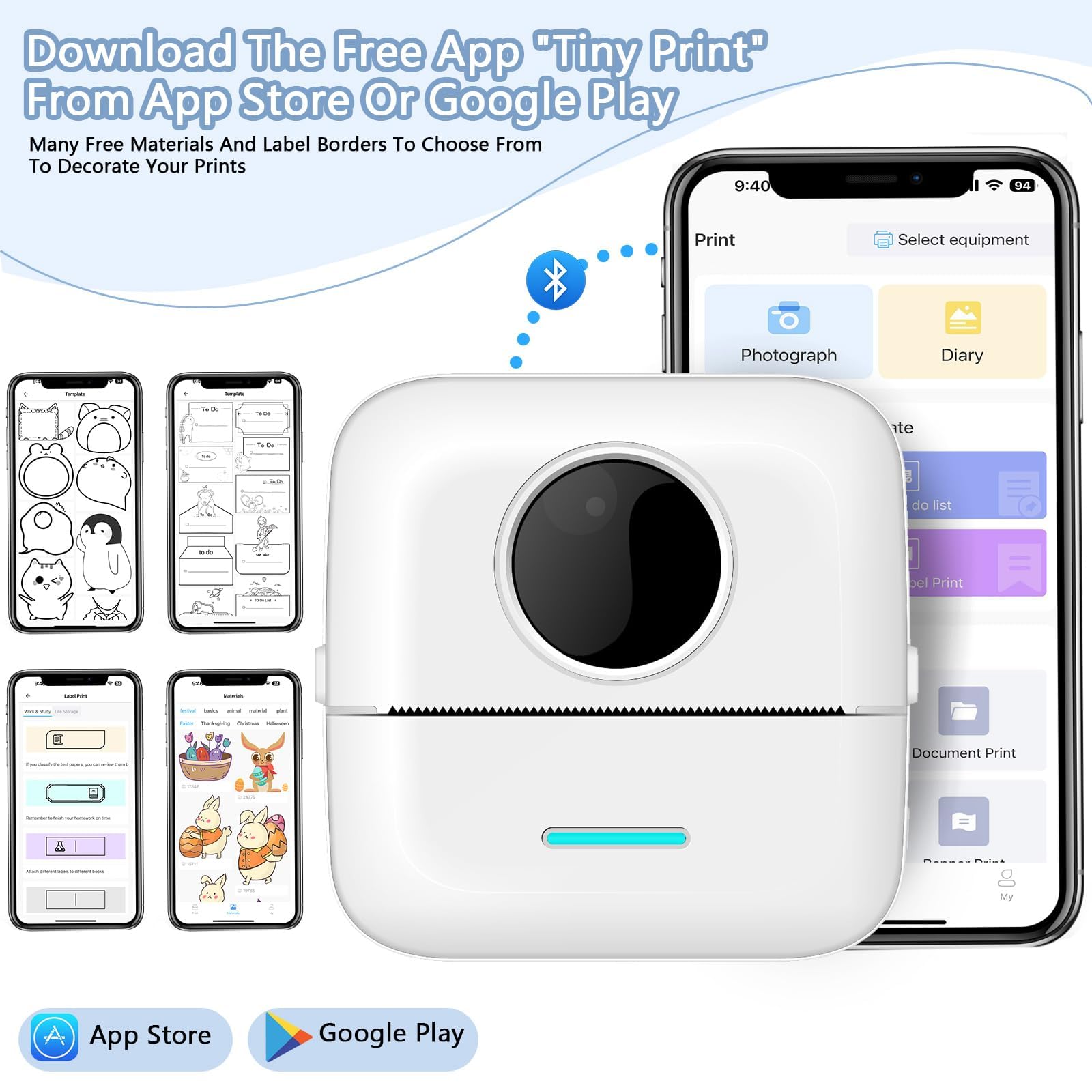 Sticker Printer Machine- Mini Thermal Printer, Inkless Notes Printer Mini, Portable Bluetooth Pocket Phone Printer for Journal, Photos, Notes, Kids Gift, White Mini Printer Sticker Maker