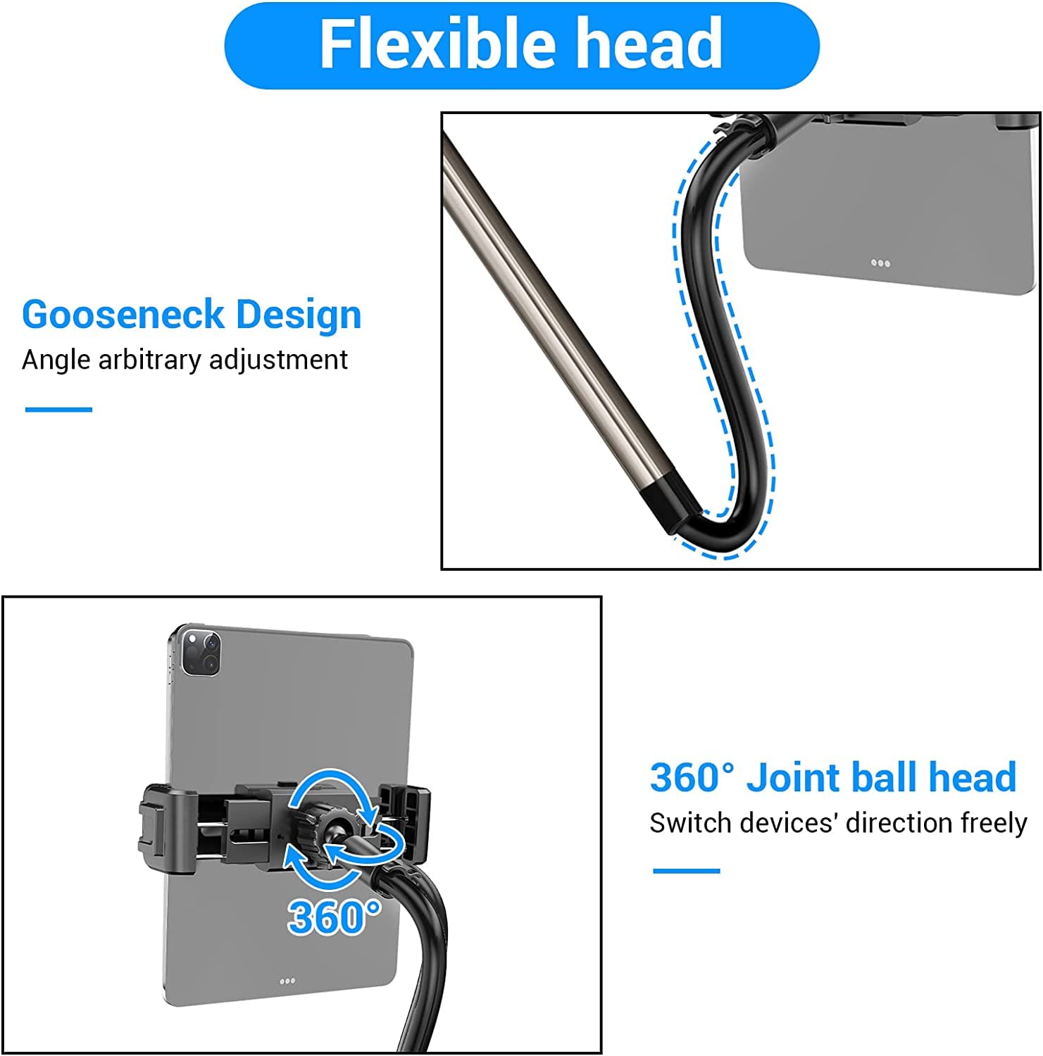 Phone & Tablet Holder for Bed ,Gooseneck Stand Desk Mount,Long Arm Overhead Clip Clamp,Flexible Lazy Bracket for headboard,Bedside,Video Recording Remote ,for iPad/iPhone/Smartphone & Tablet 4.6"-11"