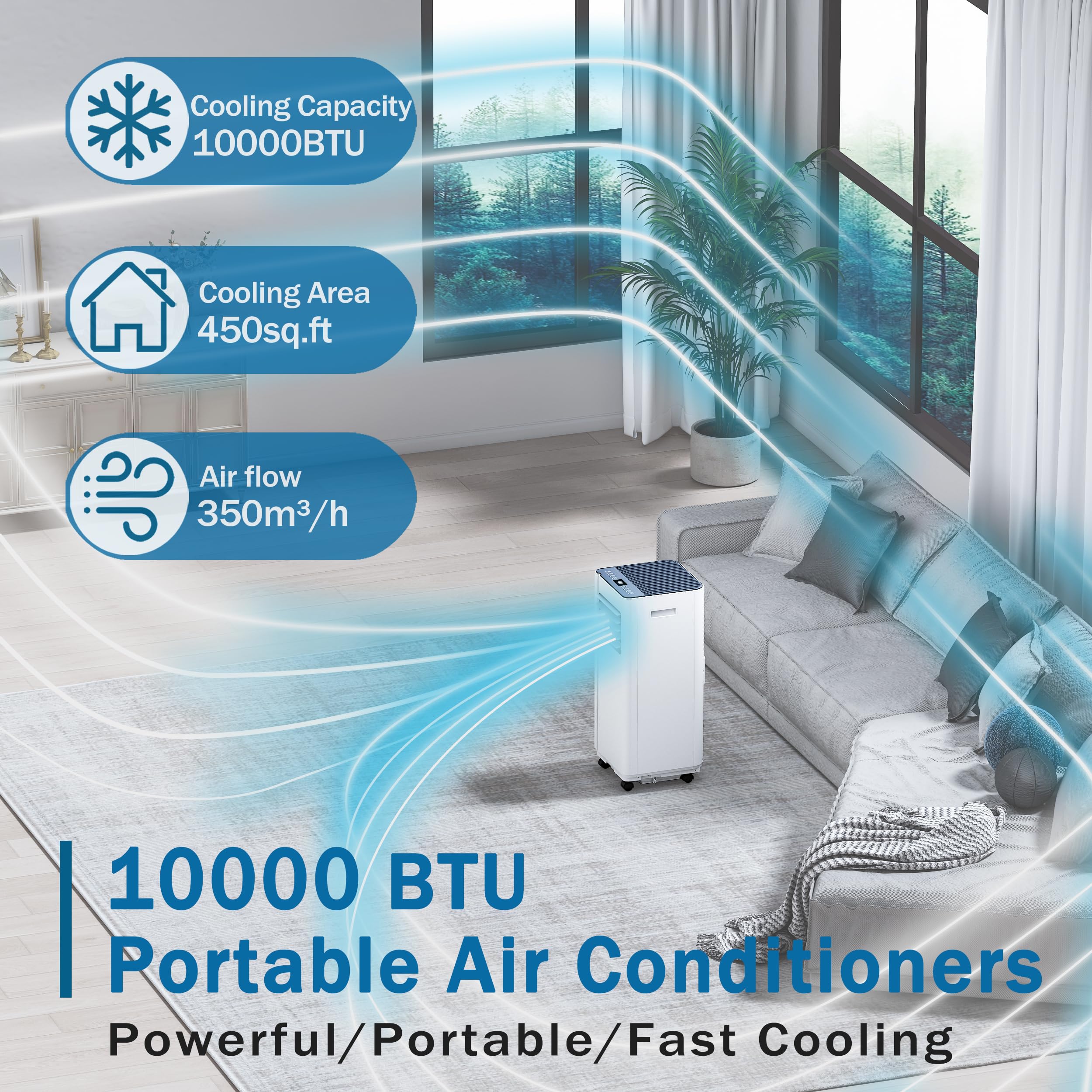 Portable Air Conditioners, 10000 BTU Portable AC Unit with Remote Control, Dehumidifier, Fan, Auto, Sleep Modes, Up to 450 Sq. Ft, 30DB Quiet Portable Air Conditioner with Installation Kits, 24H Timer