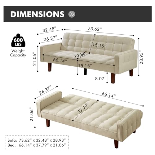 Wonder Comfort 73.62" Linen Futon Sofa Bed, Adjustable Backrest Convertible Loveseat Sleeper Couch with Tapered Wood Legs for Small Space Living Room, Beige