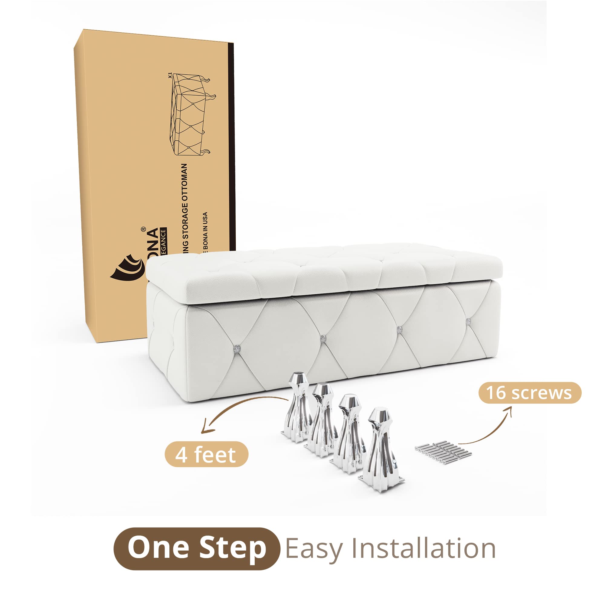 LUE BONA Storage Ottoman Bench, 38'' Upholstered White Faux Leather Ottoman with Crystal Tufted Button, Flip Top Foot Rest, End of Bed Bench Seat for Bedroom, Living Room, Vanity, 350LBS