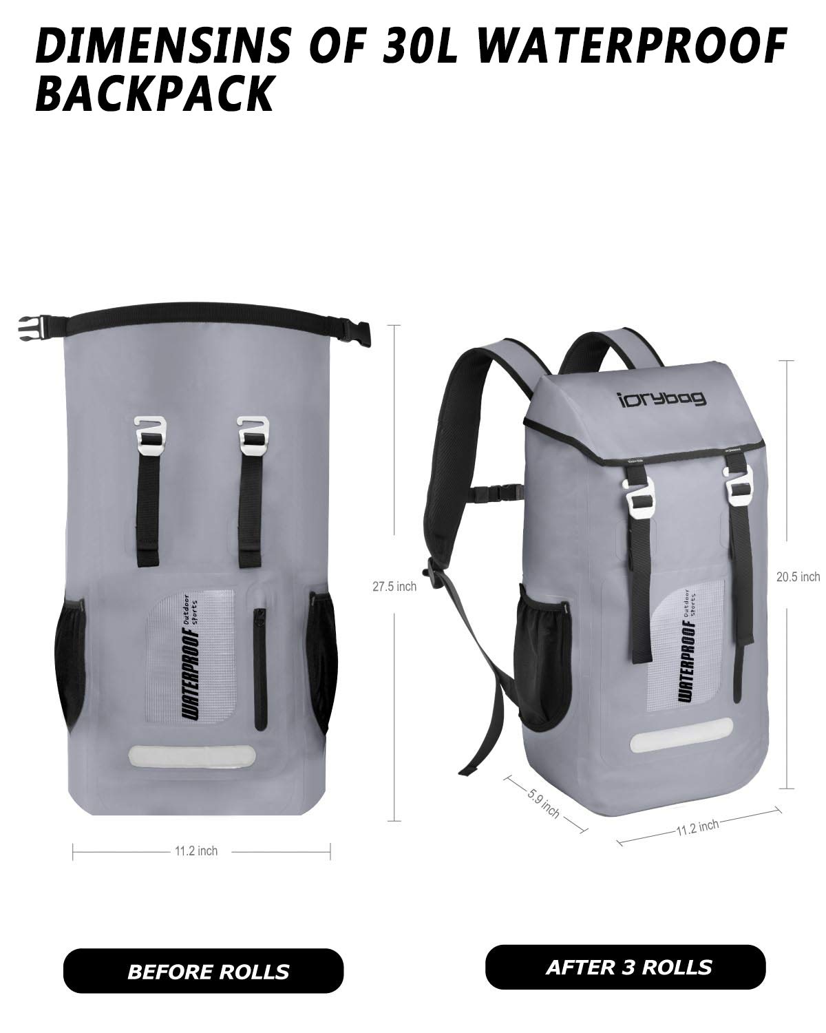 IDRYBAG Waterproof Backpack Dry Bag 30L, Dry Backpack Bags Waterproof for Women Men, Dry Sack Waterproof Bag for Kayaking, Canoeing, Floating, Boating, Rafting, Hiking, Camping