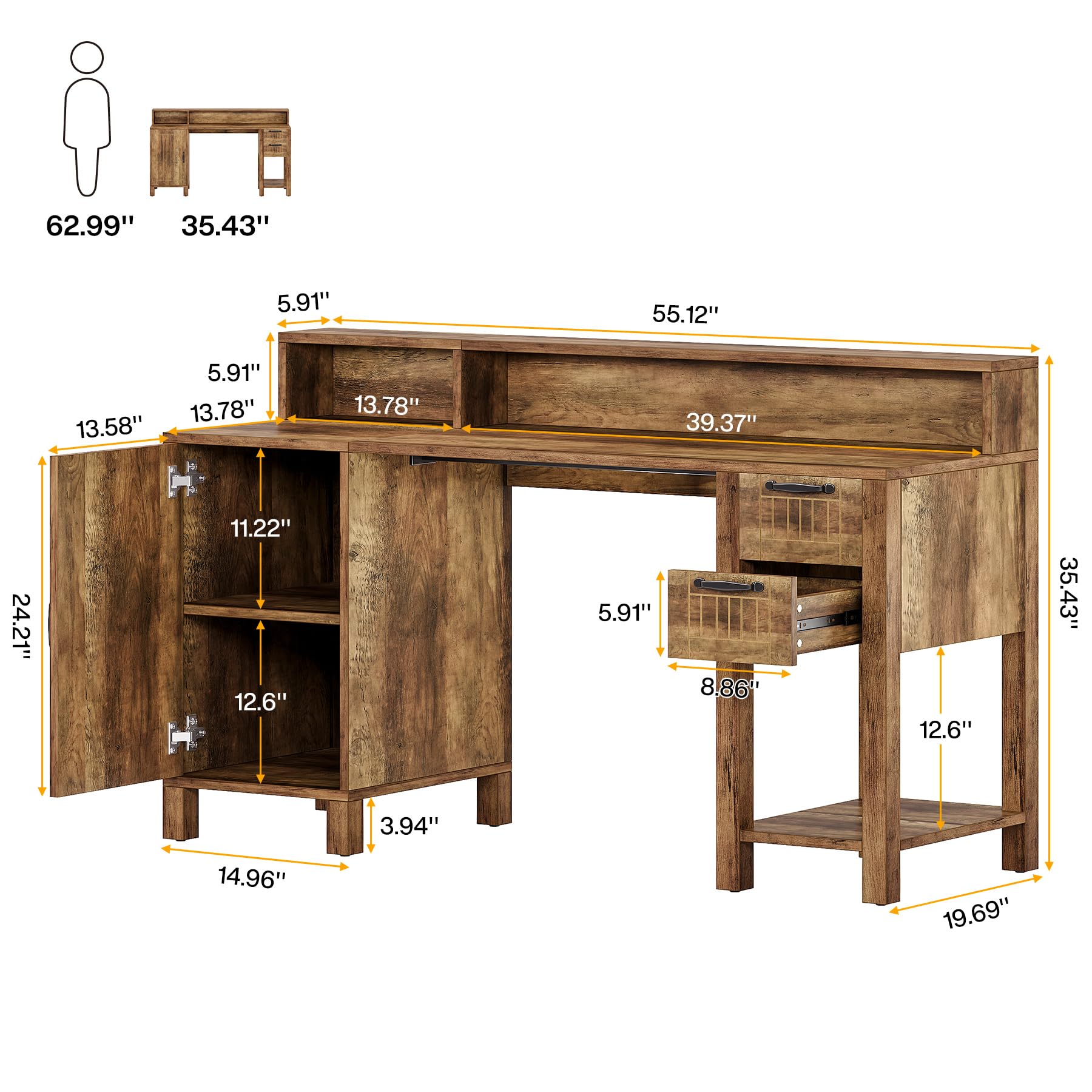 Tribesigns 55" Wood Executive Desk, Farmhouse Computer Desk with Drawers and Cabinet, Rustic Office Desk with Hutch and Storage Shelves, Large Study Writing Table for Home Office, Brown