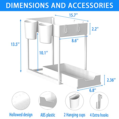 SUPPNEED 2-Tier Under Sink Organizer and Storage,Sliding Under Bathroom Cabinet Storage Drawer Organizer with Hooks, Hanging Cups, Multi-purpose Under Sink Shelf Organizer, White, 2 Pack