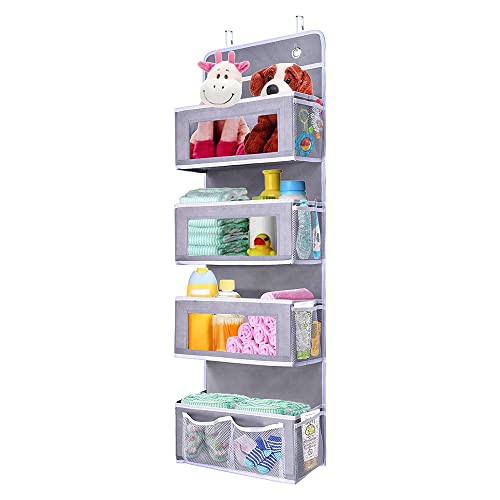 ULG Over the Door Bag Organizer Hanging Fabric Storage Organization with 4 Spacious Pockets, 10 Mesh Pockets, 2 Mounted Hangers, Great for Pantry Closet Bedroom Nursery Dorm Organizing-Grey