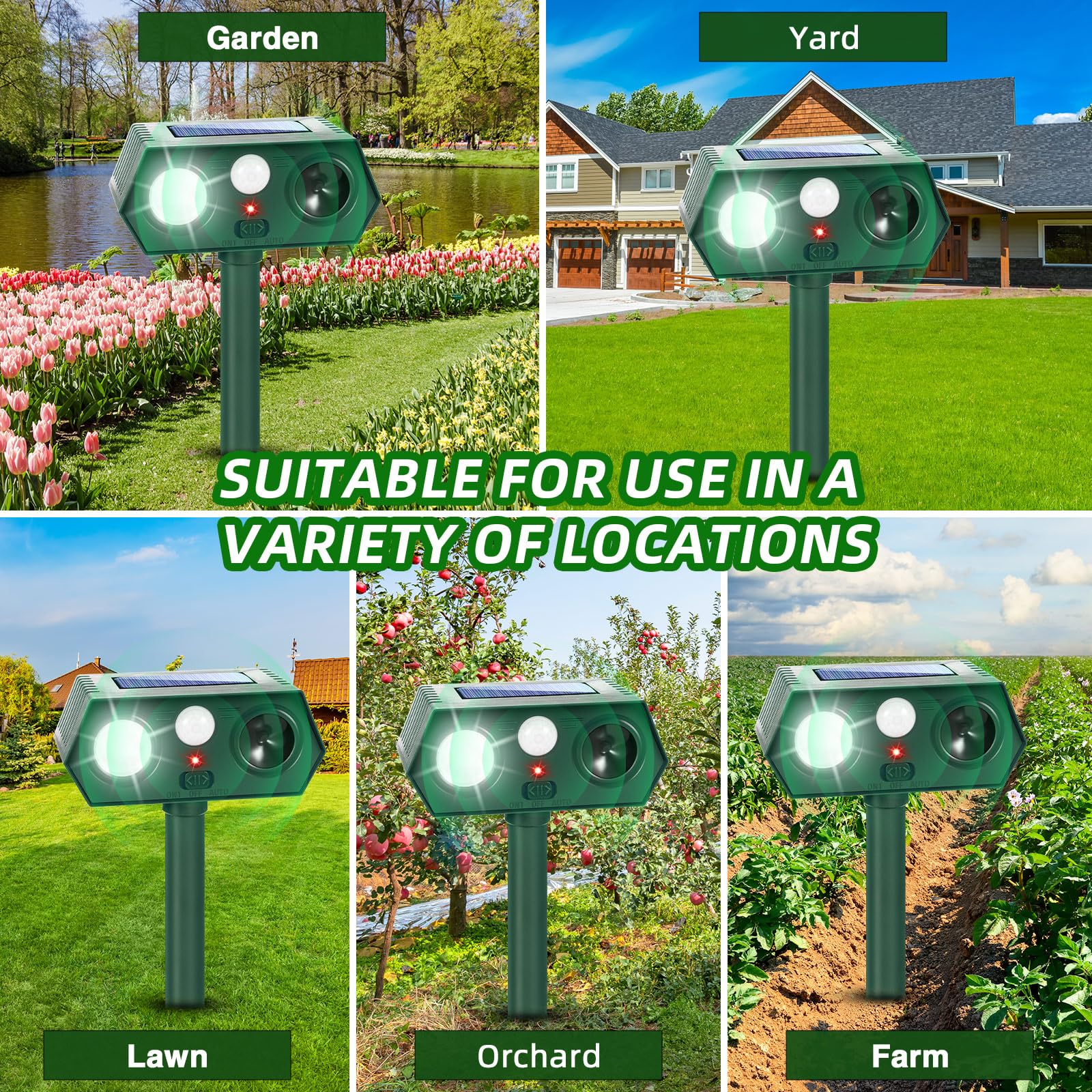 Paddsun 2 Pack Ultrasonic Cat Deterrent Outdoor, Solar Powered Cat Deterrents for Garden with Motion Sensor and Flashing Lights, Cat Deterrent for Yard Lawn, Green