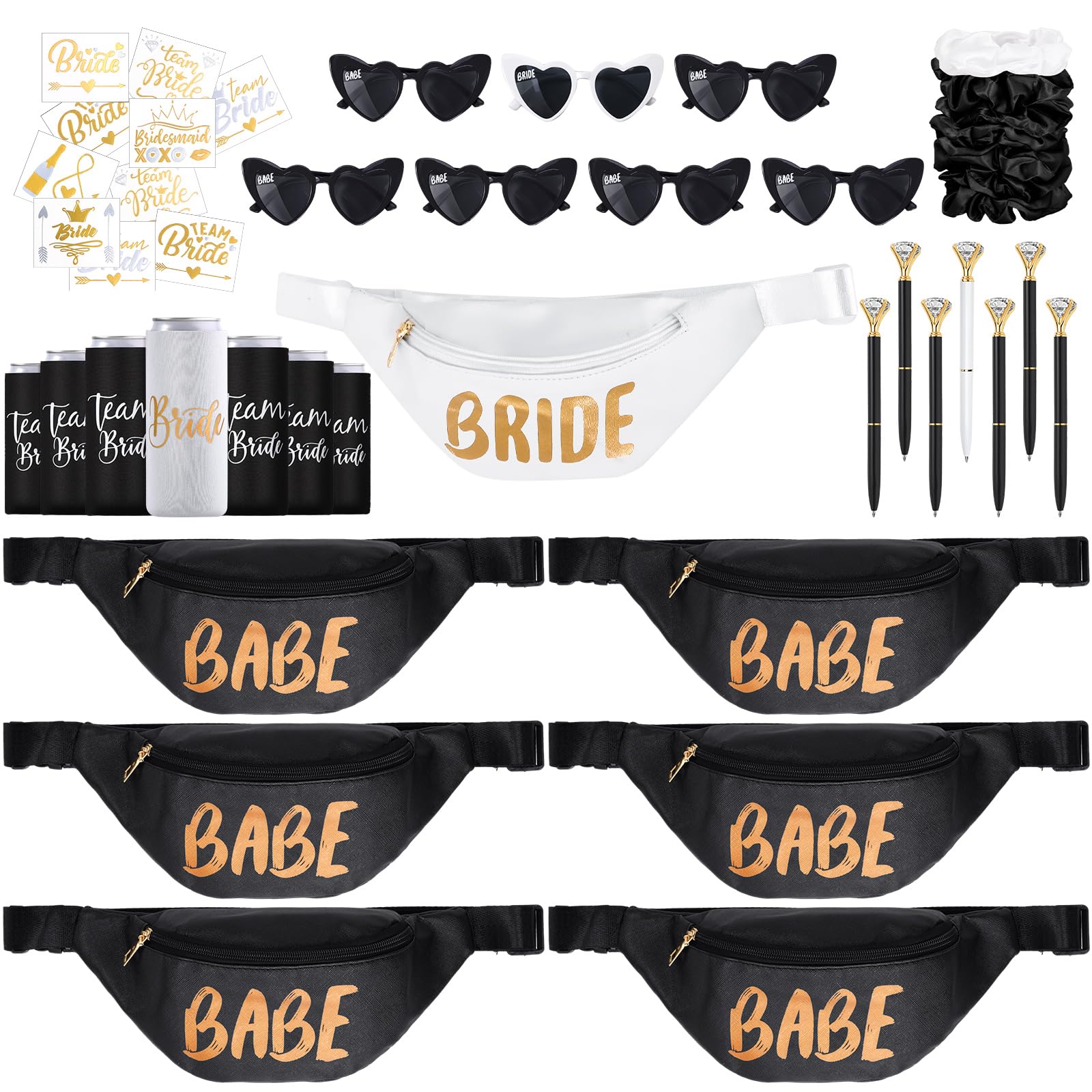 Silkfly 45 Pcs Bachelorette Party Gifts Bachelorette Fanny Pack Sunglasses Team Bride Cups Diamond Pens Scrunchies Tattoos Decoration for Bridesmaid Gifts Bridal Shower Supplies, Set of 7