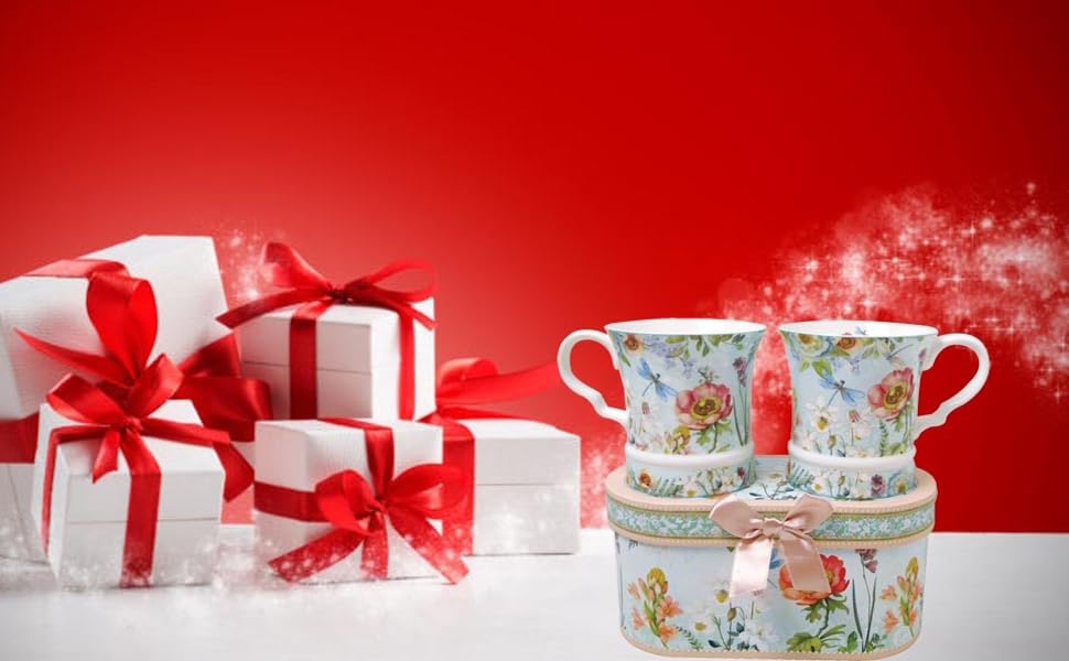 Lightahead® Elegent Bone China Unique Set Of Two Coffee Mugs 10 oz each cup set in attractive gift box elegant floral design