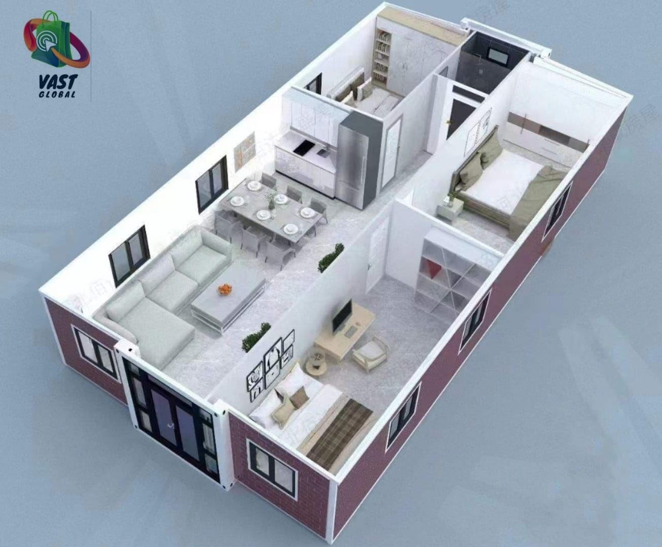 Prefabricated Folding Extendable 2 Bedroom House, Waterproof and Weather-Resistant Mobile House, Energy-Efficient and Eco-Friendly (20 Ft)