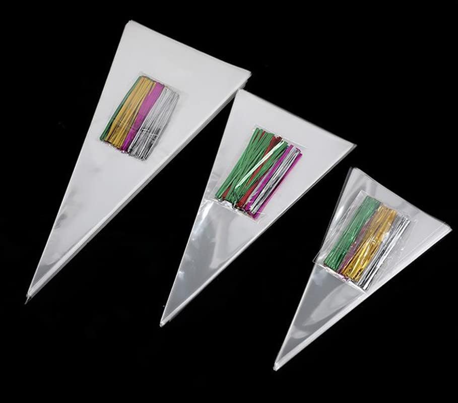 TIMIGGBY 100 Pieces Cone Bag Clear Cone Shaped Treat Bags Cellophane Triangle Bags with 100 PCS Twist Ties Colourful (5.1x9.8 inch)