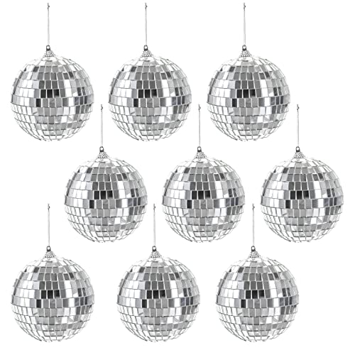 Suwimut 9 Pieces Mirror Disco Ball, 4 Inches Silver Hanging Disco Ball With Attached String for Reflect Light, Party Favor, Home Bands Decorations, Stage Props