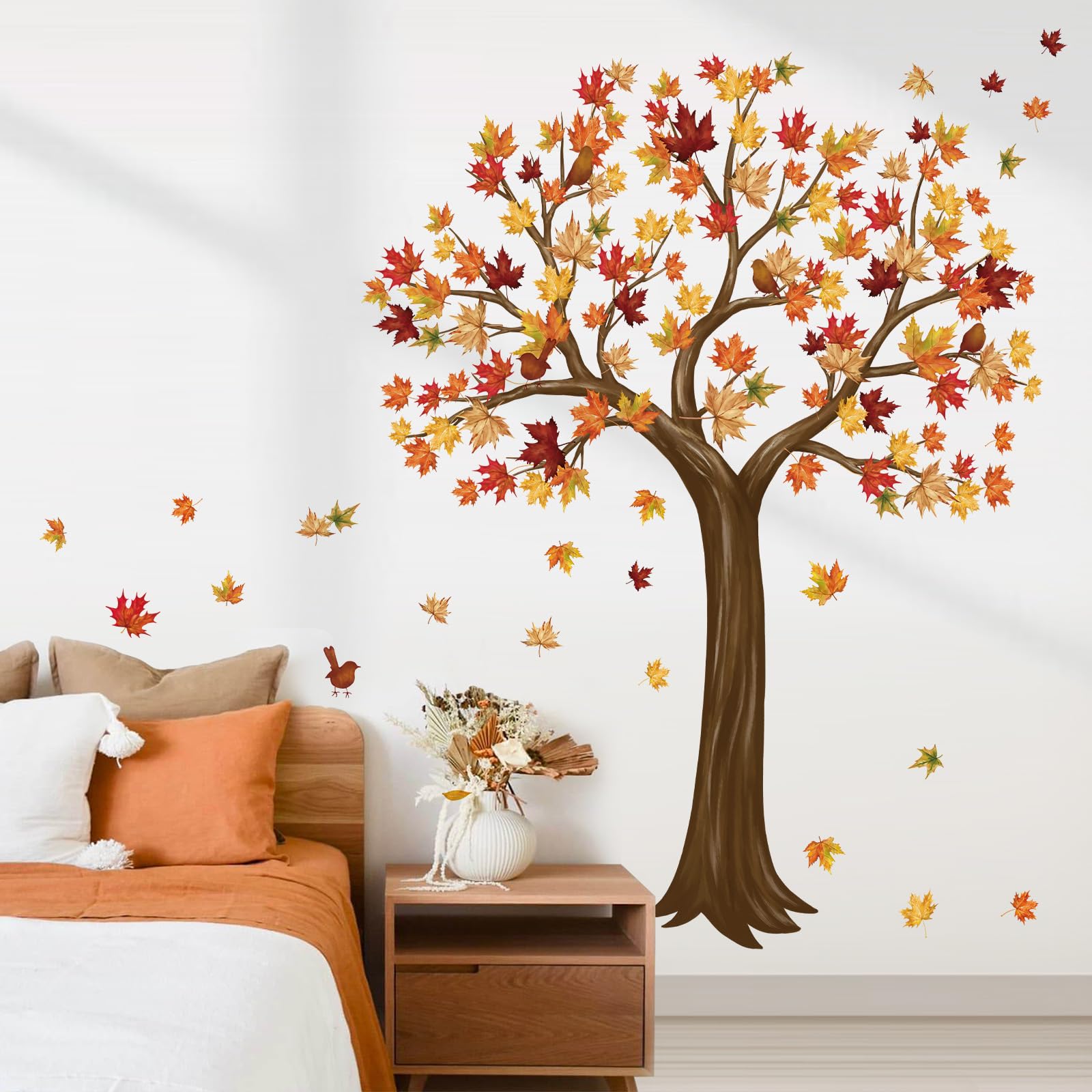 wondever Fall Large Tree Wall Stickers Autumn Maple Leaves Birds Peel and Stick Wall Art Decals for Bedroom Living Room TV Walls
